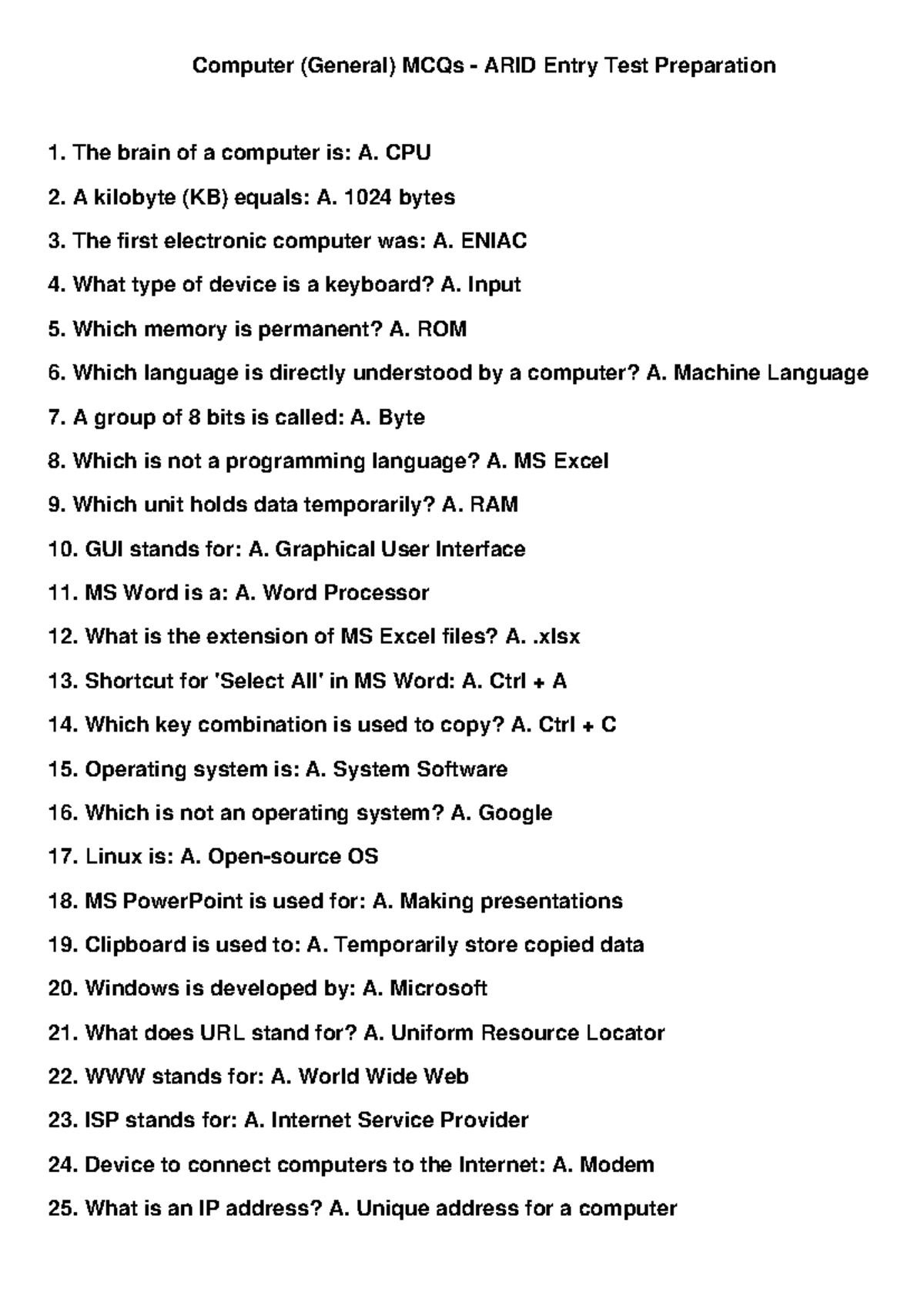 ARID Entry Test Computer MCQs Preparation Guide - Studocu