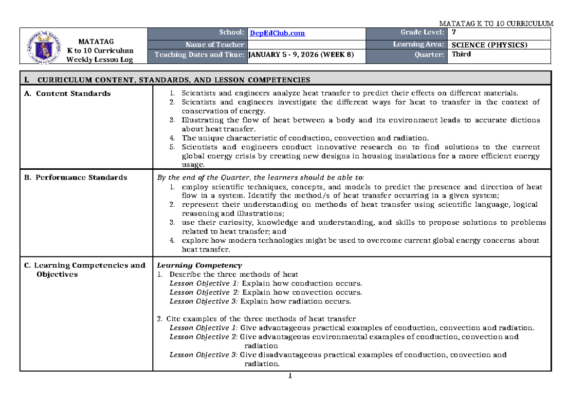 DLL Matatag Science 7 Q3 W8: Heat Transfer Methods and Activities - Studocu