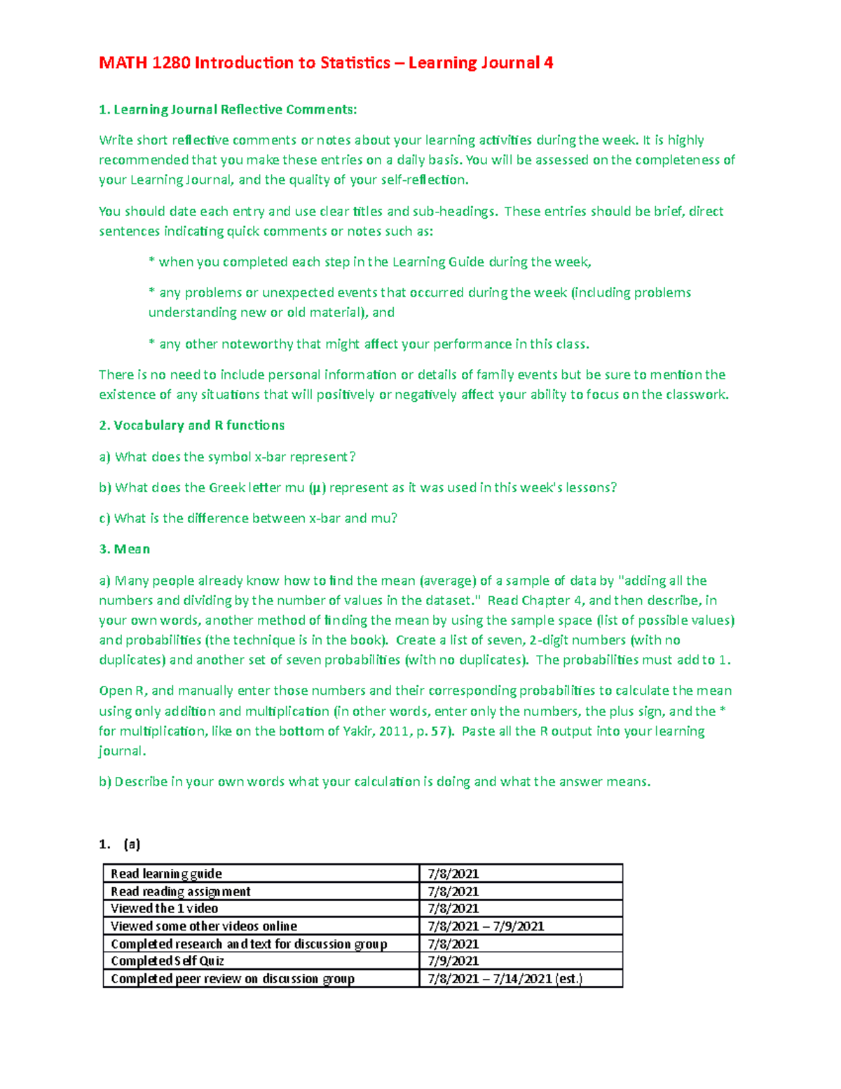 MATH 1280 - Learning Journal 4 - MATH 1280 Introduction to Statistics ...