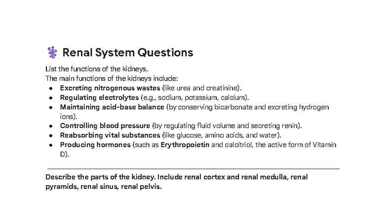 Renal System Overview and Functionality Questions【6:0†Renal System ...