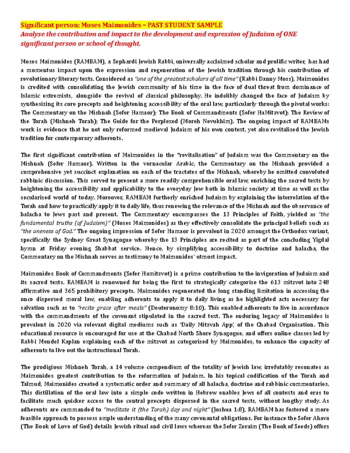 Moses Maimonides: Impact on Judaism's Development and Expression - Studocu
