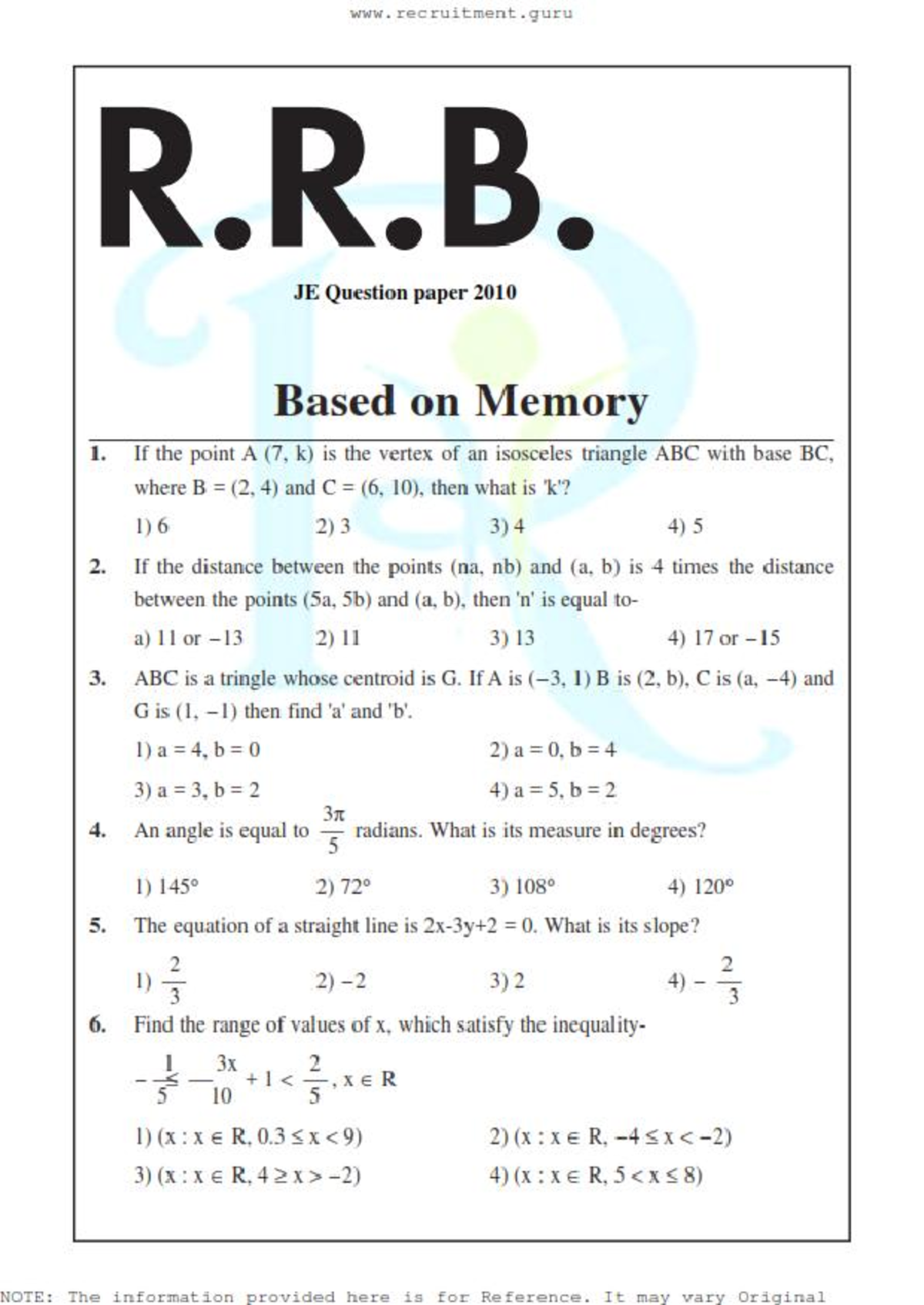 R.R.B. JE 2010 Question Paper: Memory-Based Practice Questions - Studocu