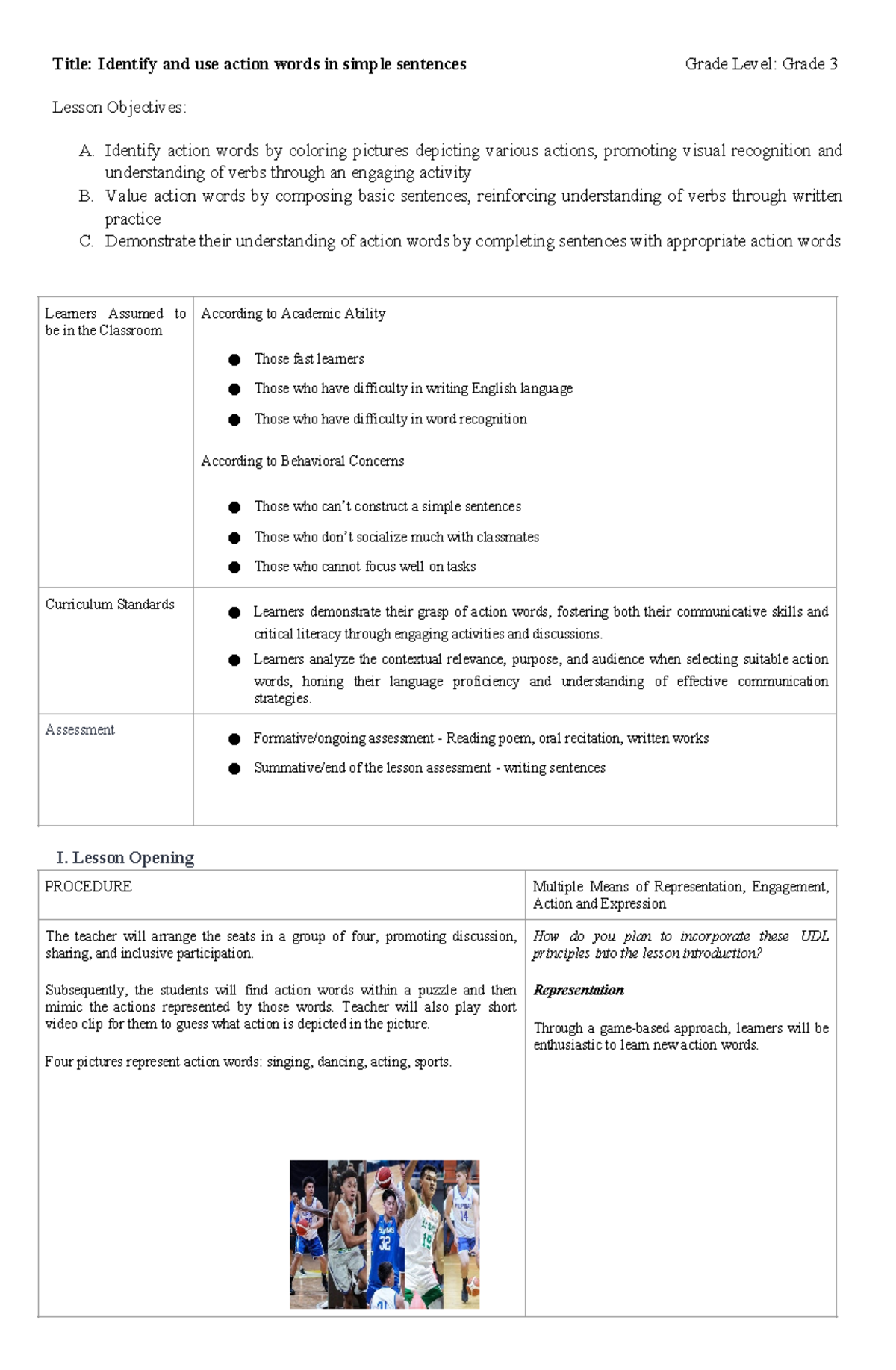 LP IN English 1: Action Words Lesson Plan for Grade 3 Students - Studocu