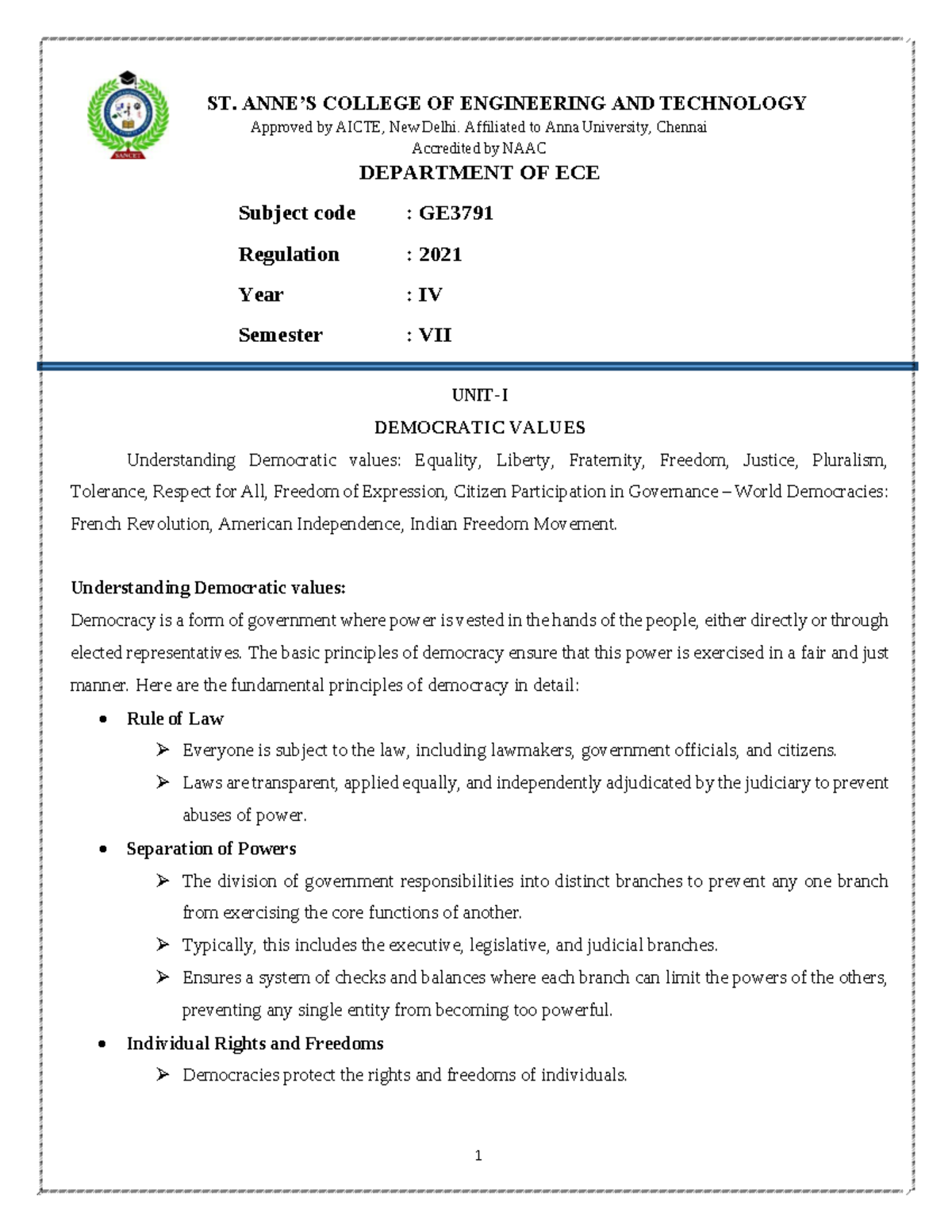 GE3791 - Human Values and Ethics: Understanding Democratic Principles ...