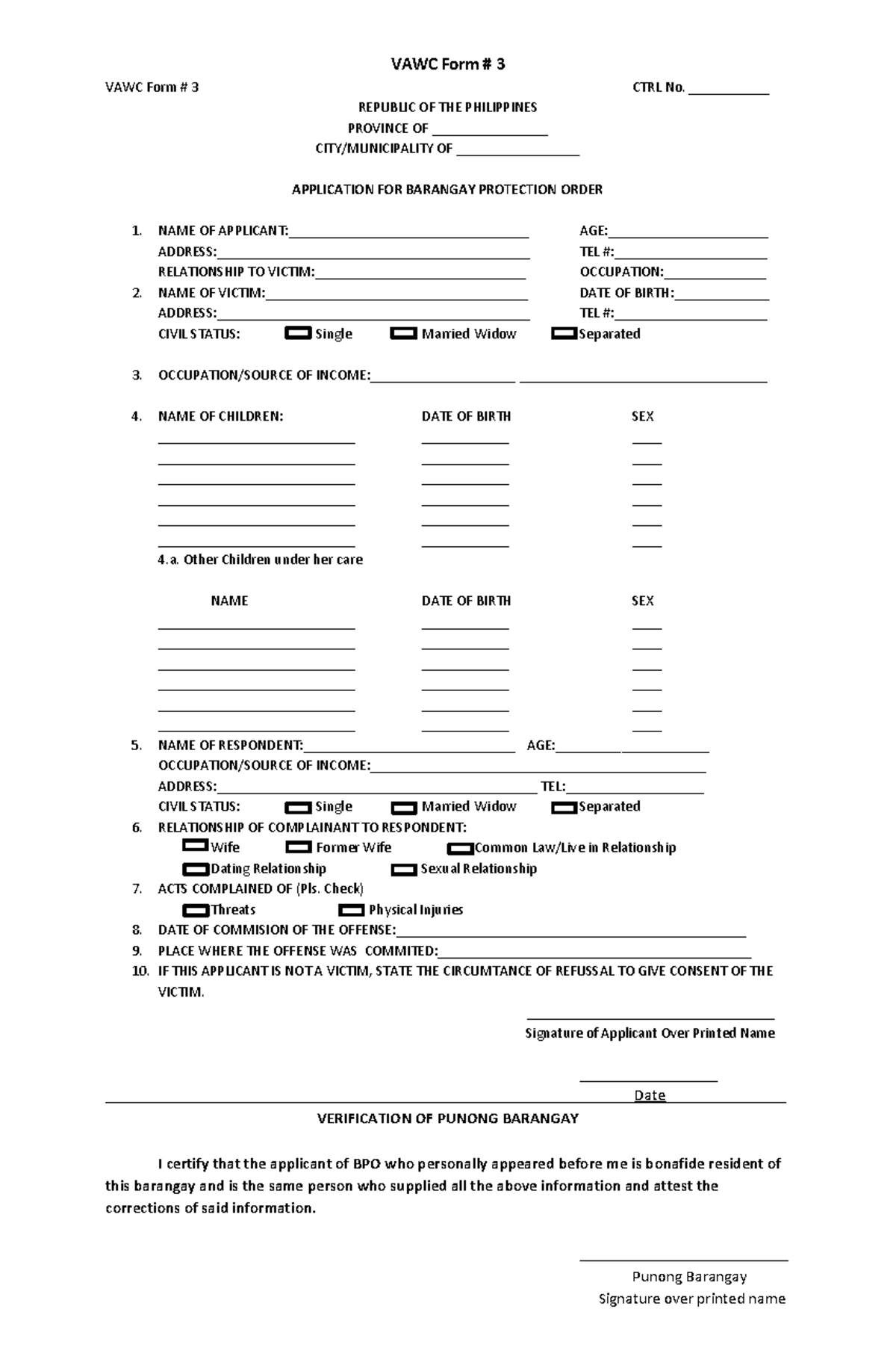 VAWC Form 3: Application for Barangay Protection Order (BPO) - Studocu