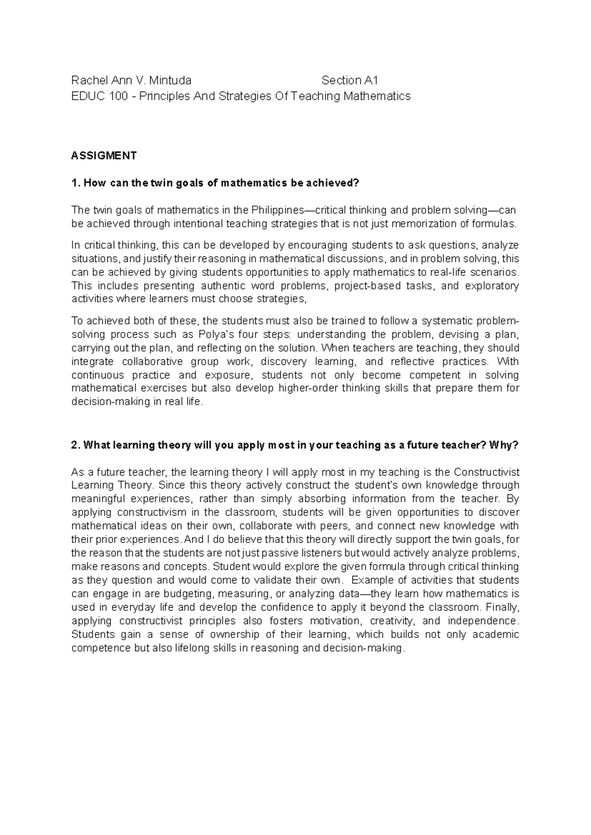 EDUC 100 Assignment 1: Achieving the Twin Goals of Mathematics - Studocu