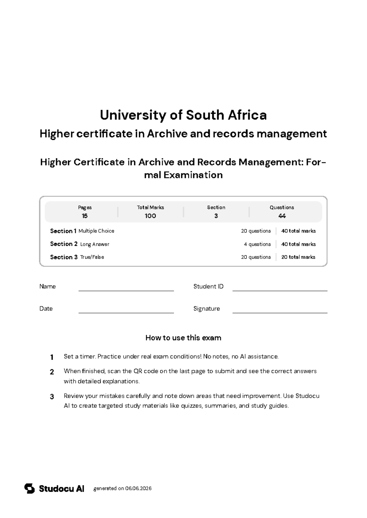 Higher Certificate in Archive and Records Management: Final Exam - Studocu