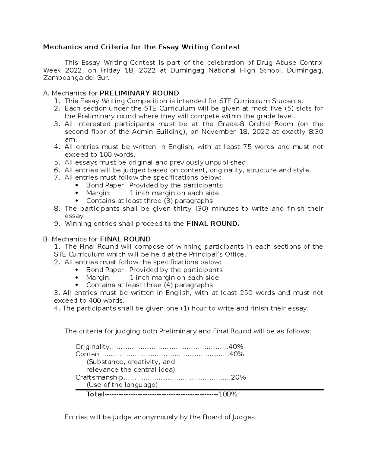 Mechanics and Criteria for the Essay Writing Contest - A. Mechanics for ...