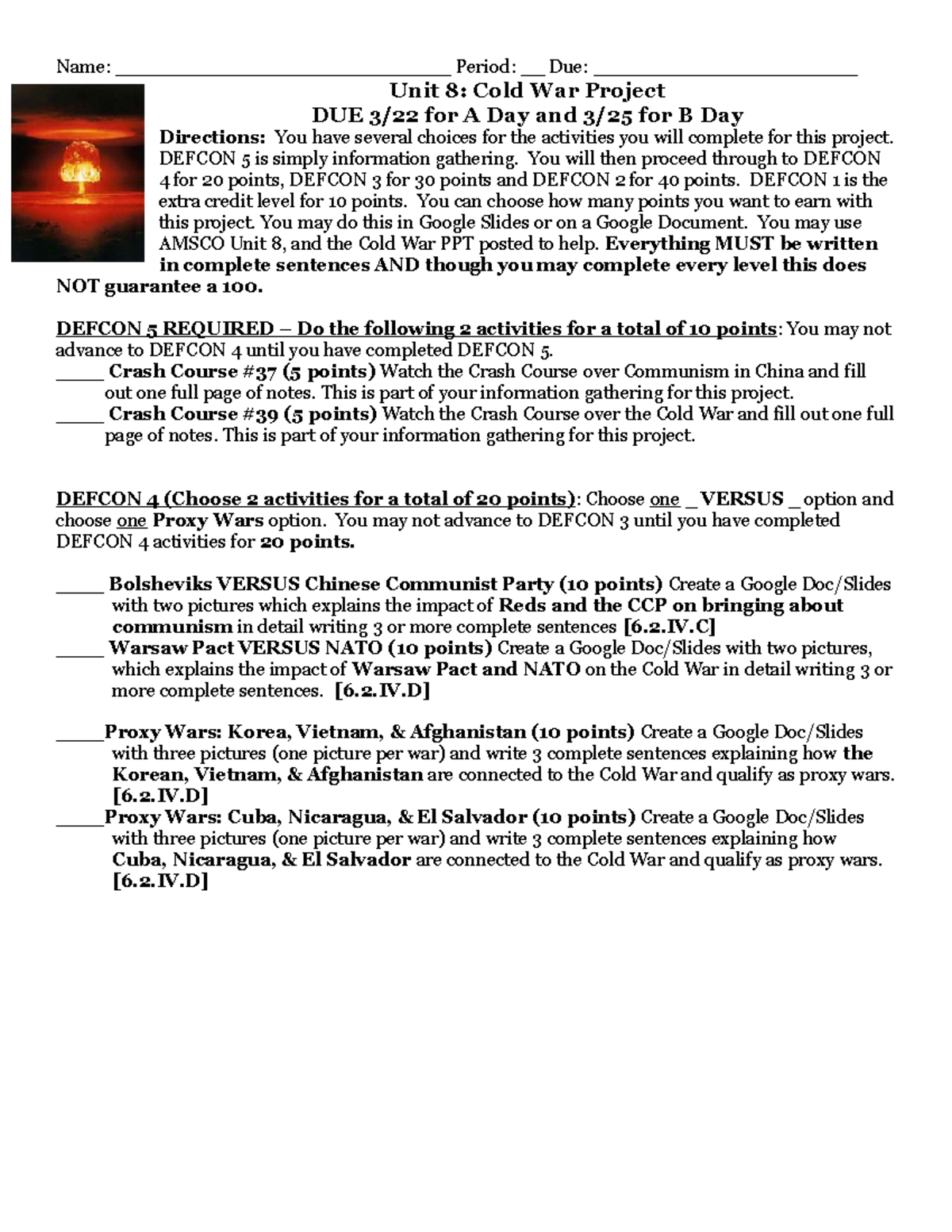 Cold War Project Guidelines: Activities for A & B Day (Unit 8) - Studocu