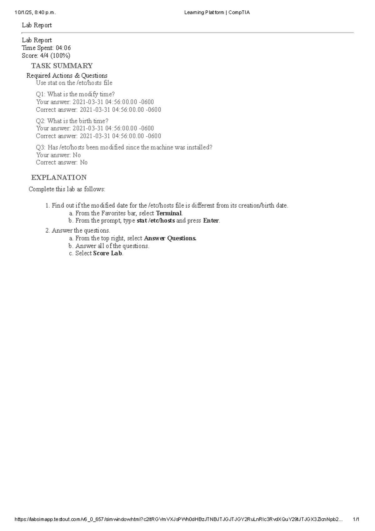 Lab Report: Using stat Command - /etc/hosts File Analysis (100%) - Studocu