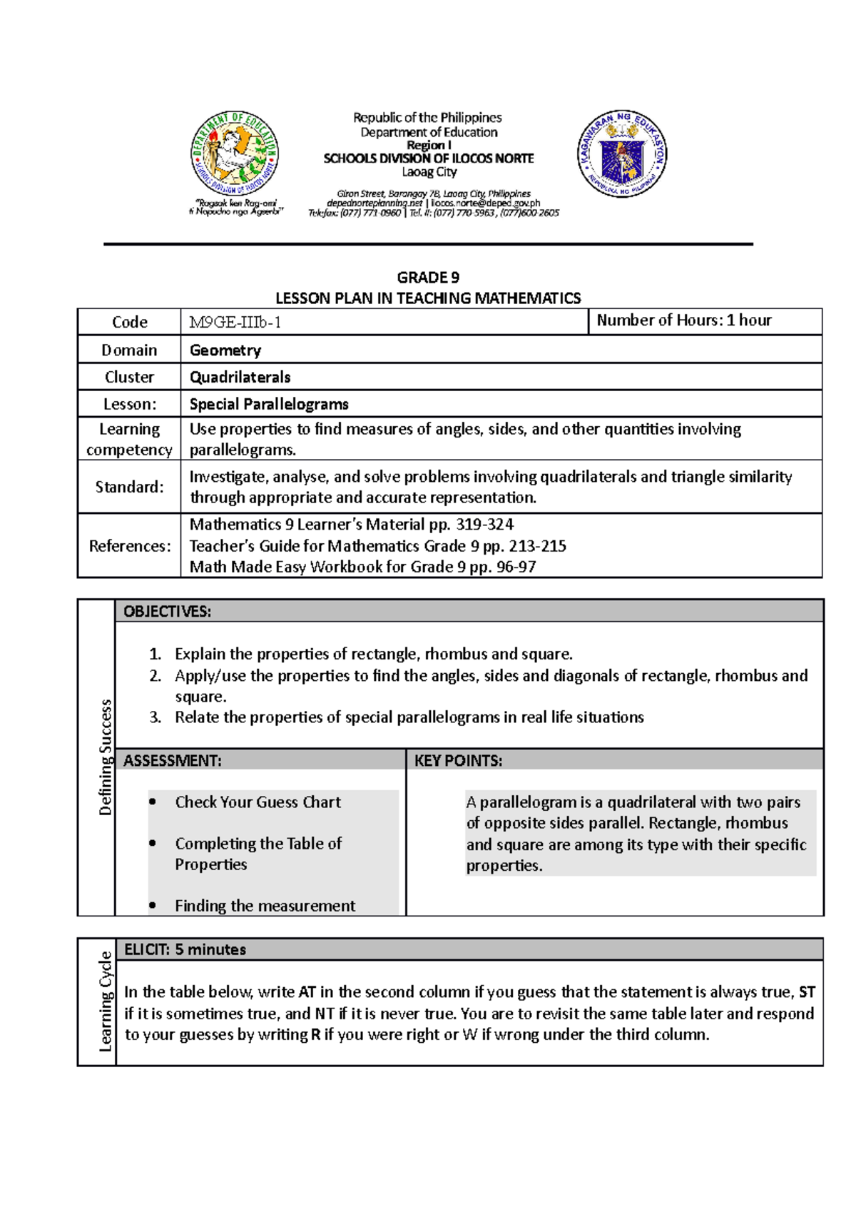 7Es Lesson PLAN Special Parallelogram JAY CRUZ - GRADE 9 LESSON PLAN IN ...