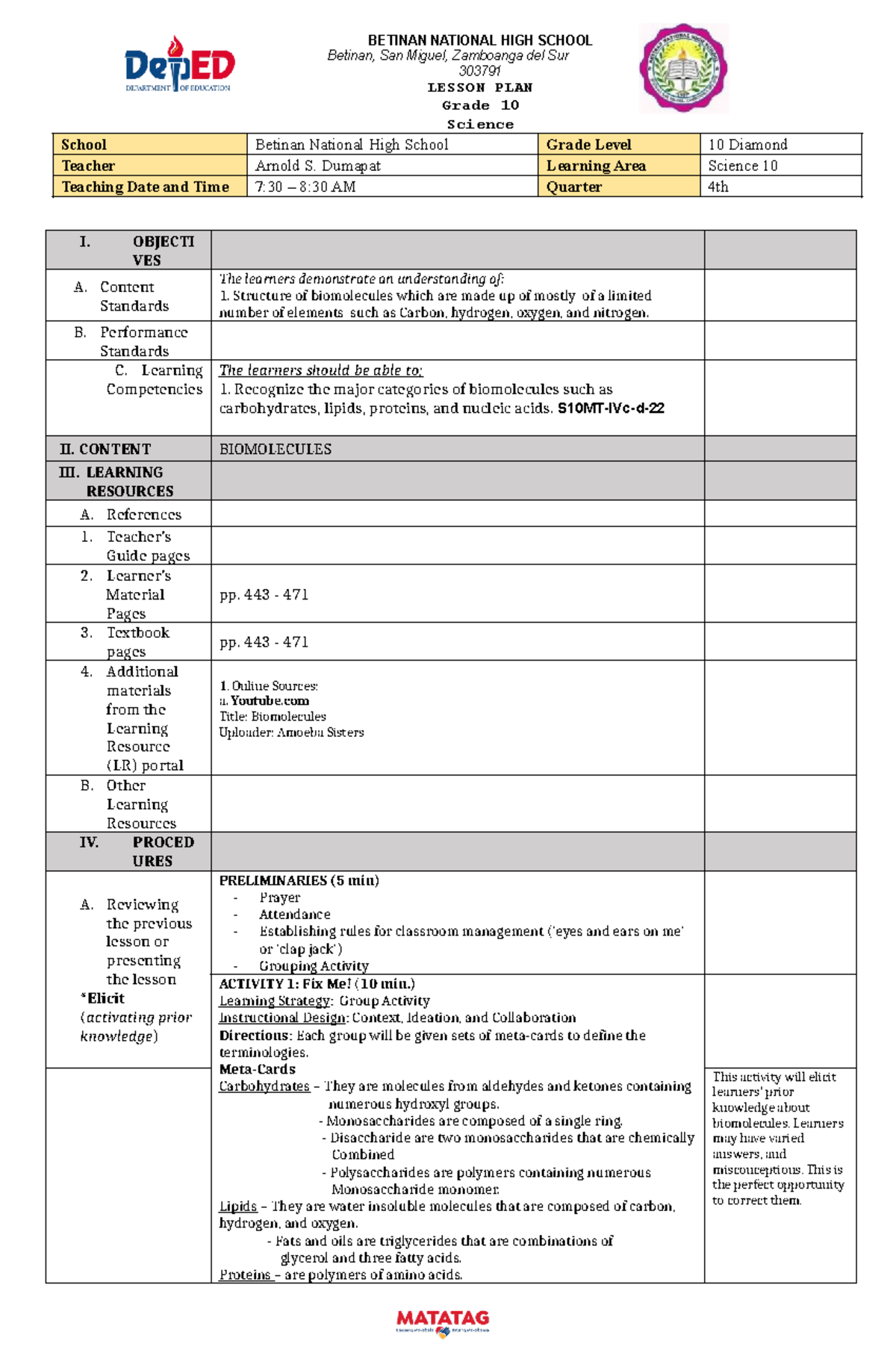 LP CO4 - Biomolecules - Lesson Plan - Betinan, San Miguel, Zamboanga ...