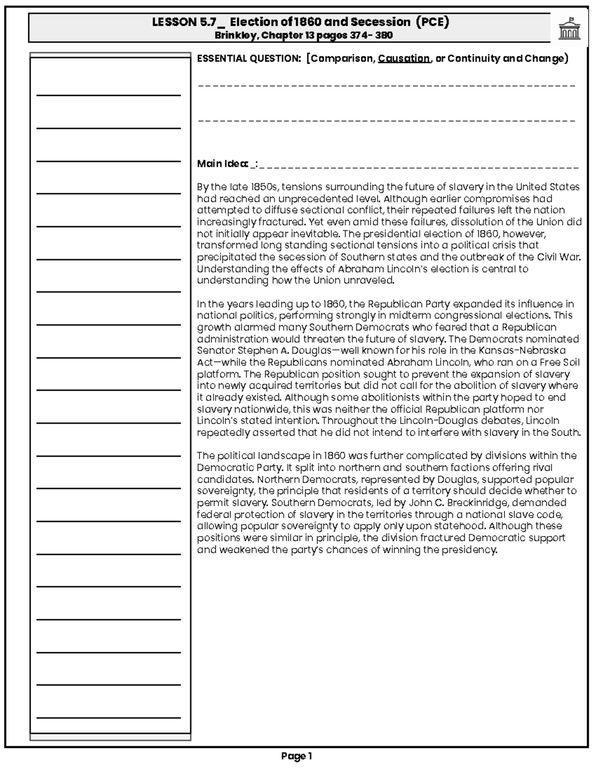 LESSON 5.7: Election of 1860 and Secession Analysis (PCE) - Studocu