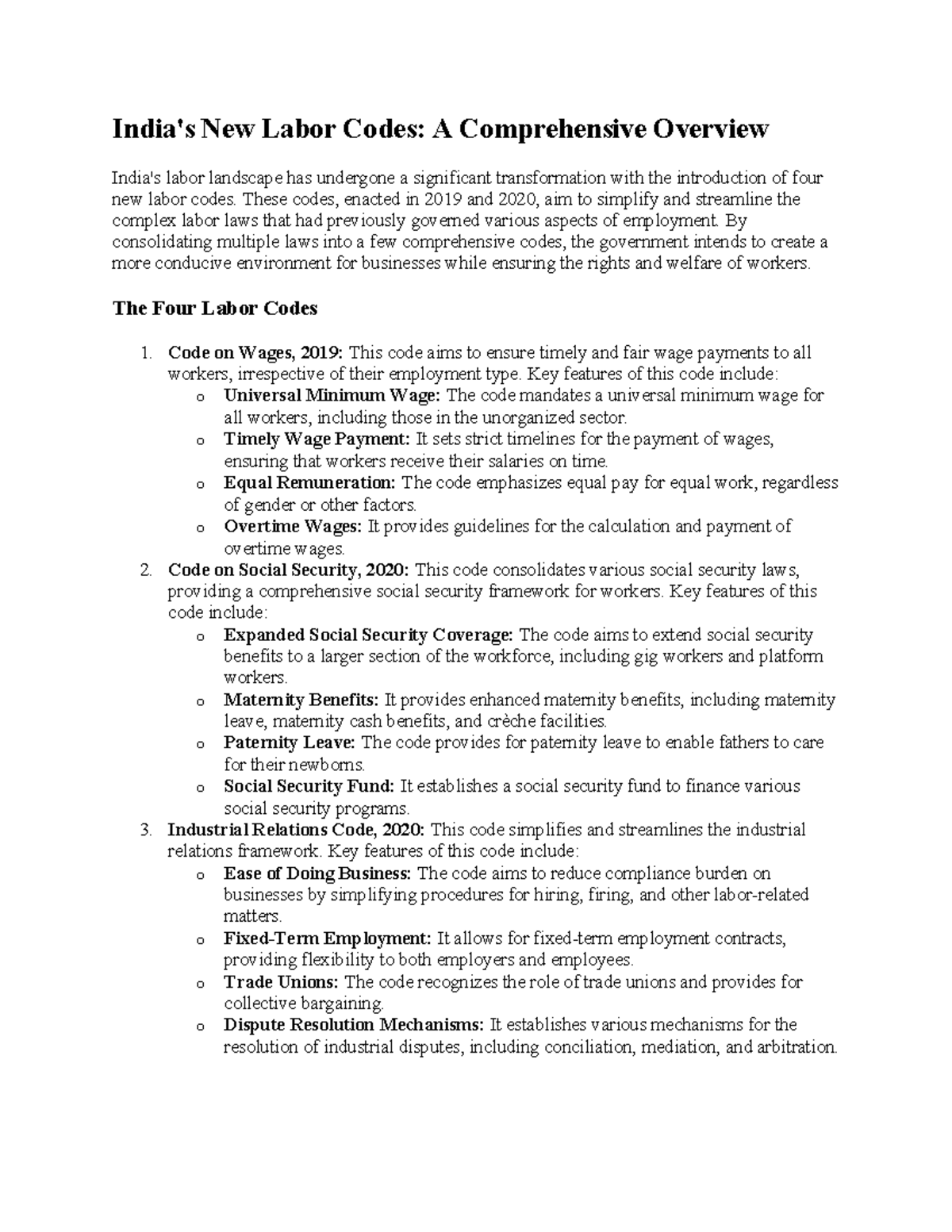 India's New Labour Code: Key Features & Implications for Workers - Studocu