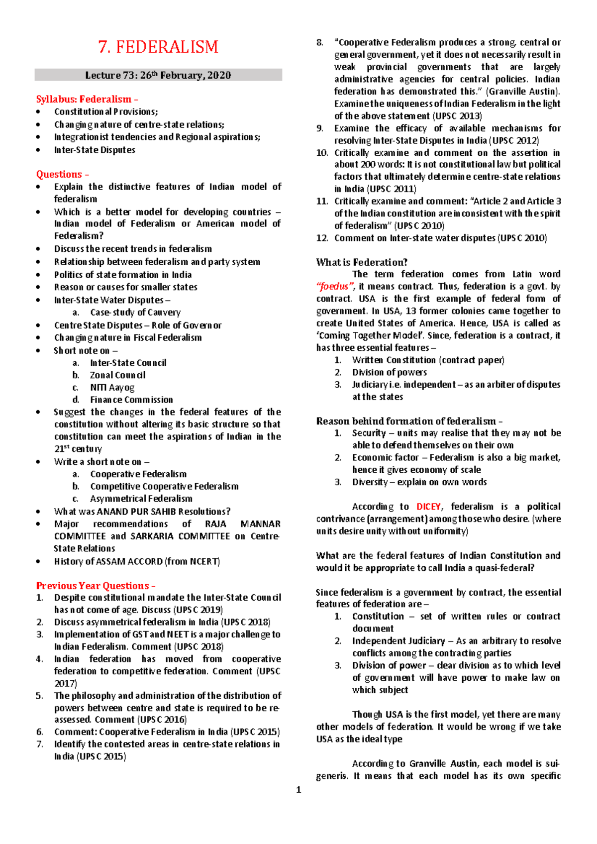 Federalism & Centre-State Relations: UPSC Lecture Notes (Feb 2020 ...
