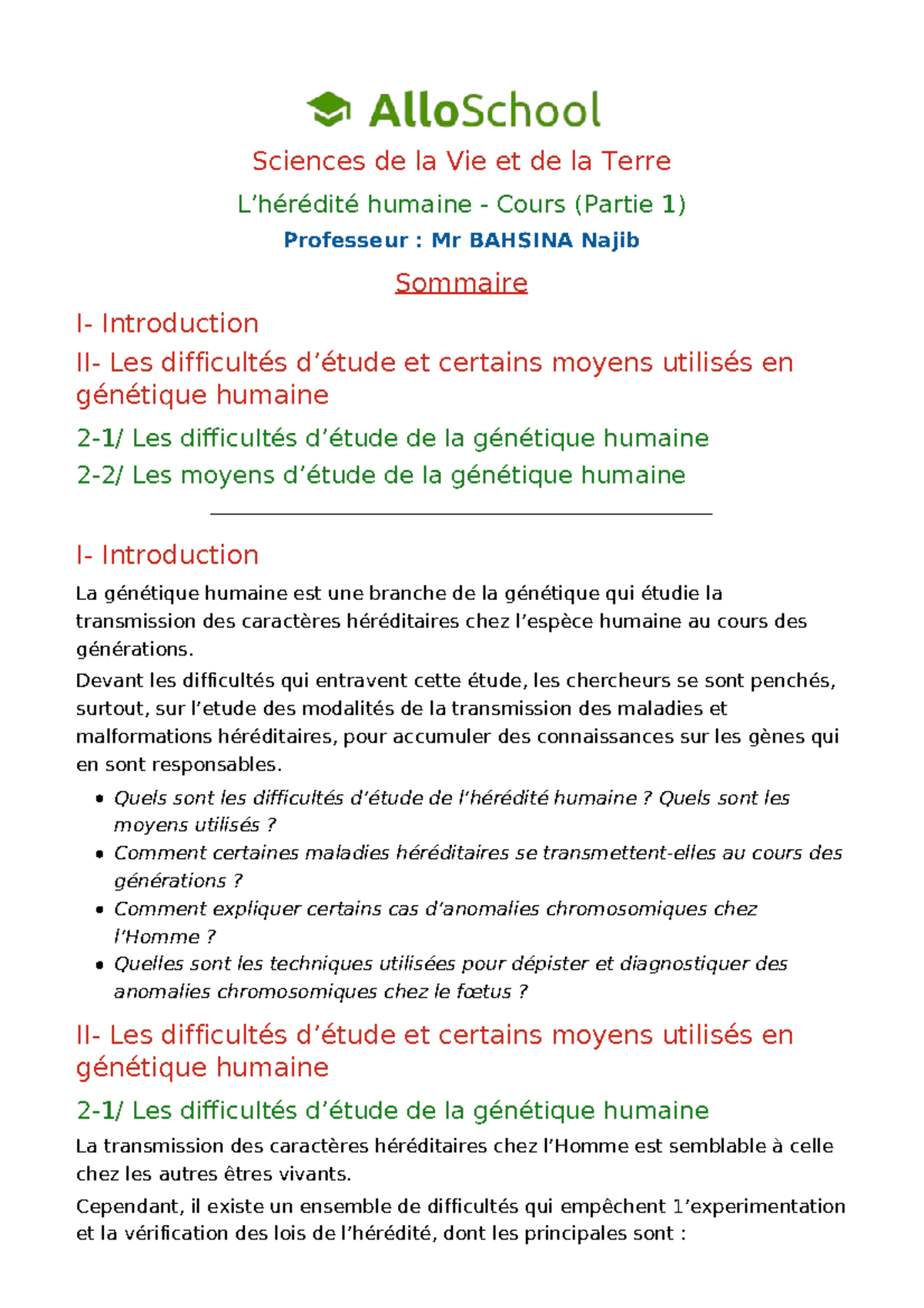 Hérédité Humaine Cours (Partie 1) - Difficultés et Moyens en Génétique ...
