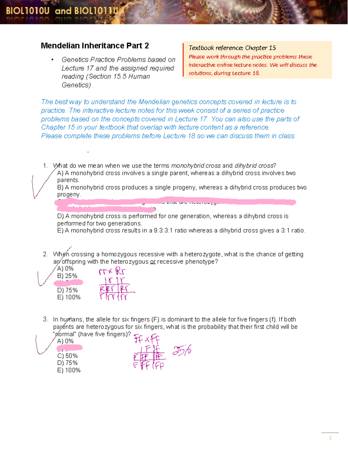 L18 Mendelian Inheritance Part 2 Genetics Practice Problems - Studocu