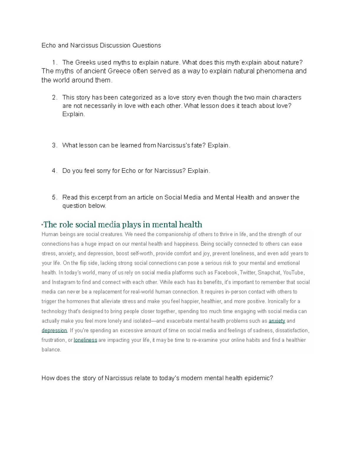 Echo and Narcissus Discussion Questions: Themes and Modern Connections ...