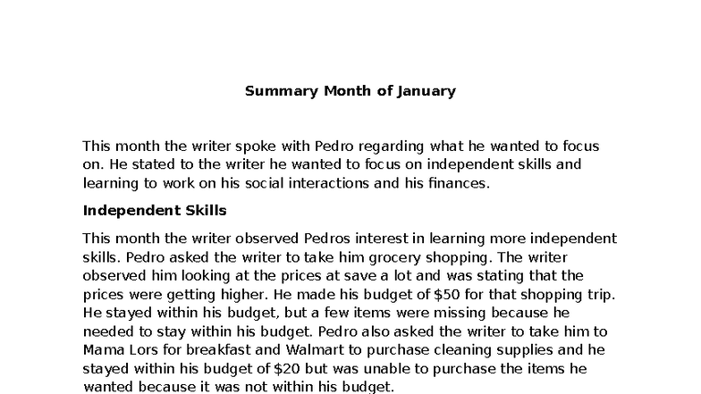 Independent Living Skills Development: Jan Progress Report on Pedro ...