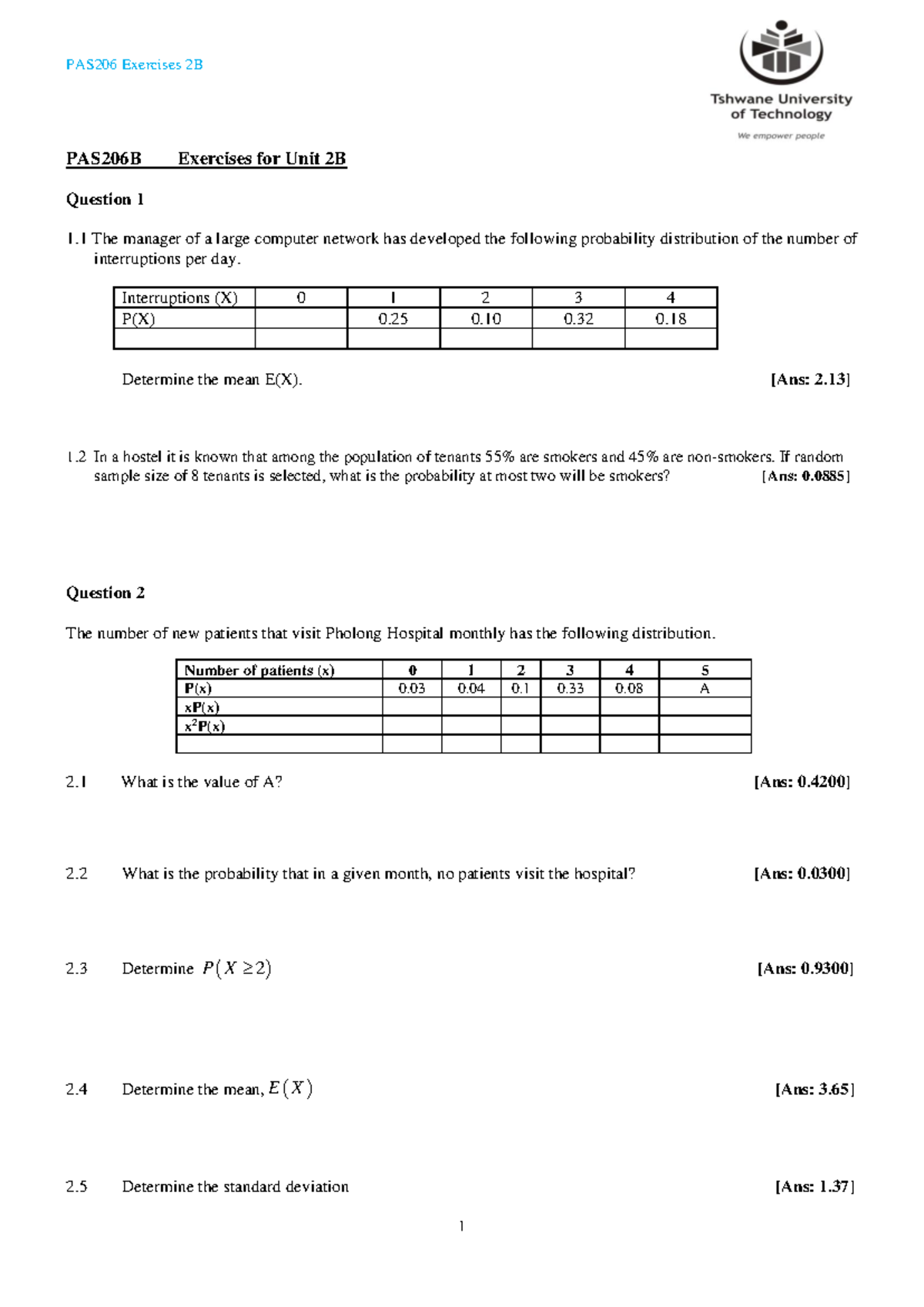 PAS206 Exercises Unit 2B: Discrete, Binomial, and Poisson Distributions ...