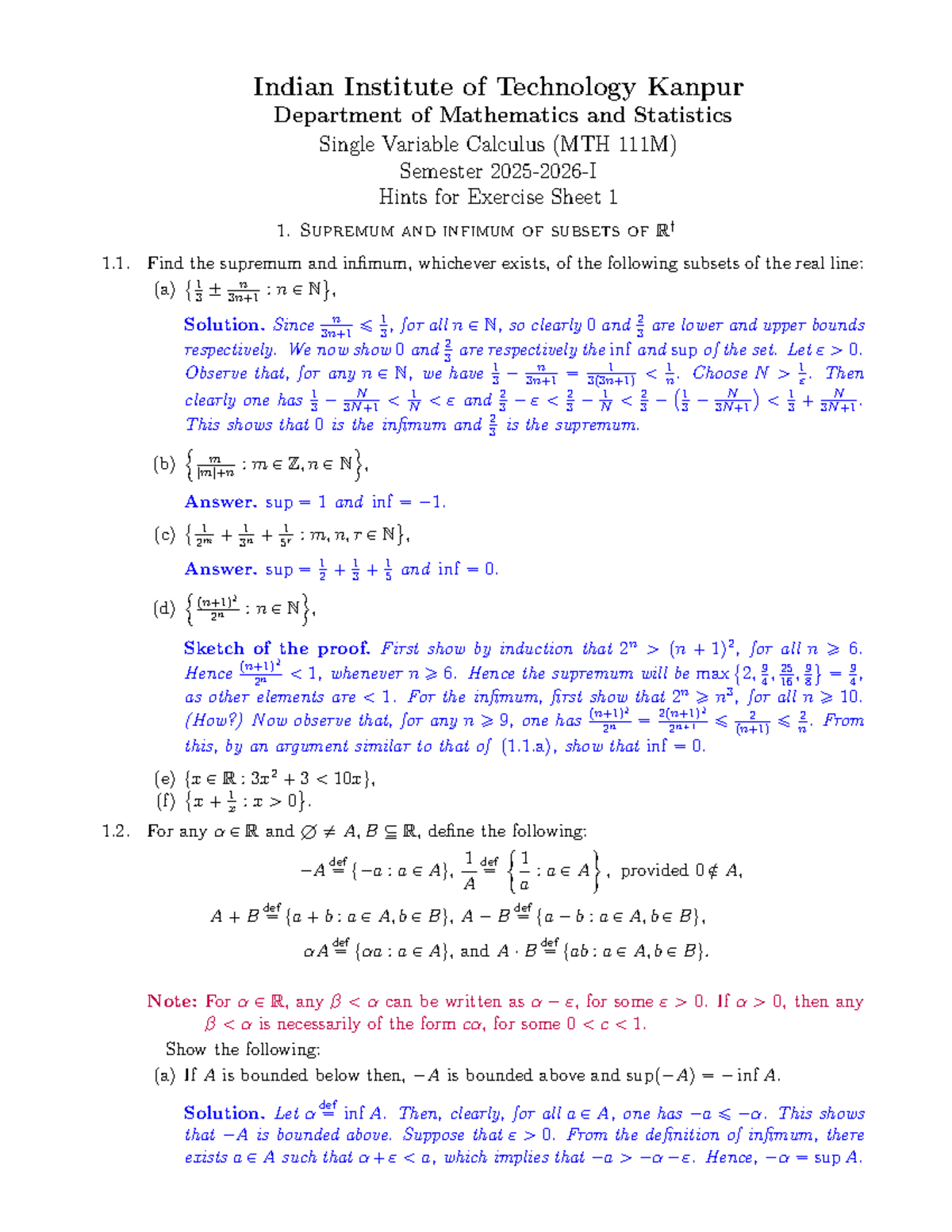 Exercise Sheet 1 Hints for MTH: Supremum and Infimum Concepts - Studocu