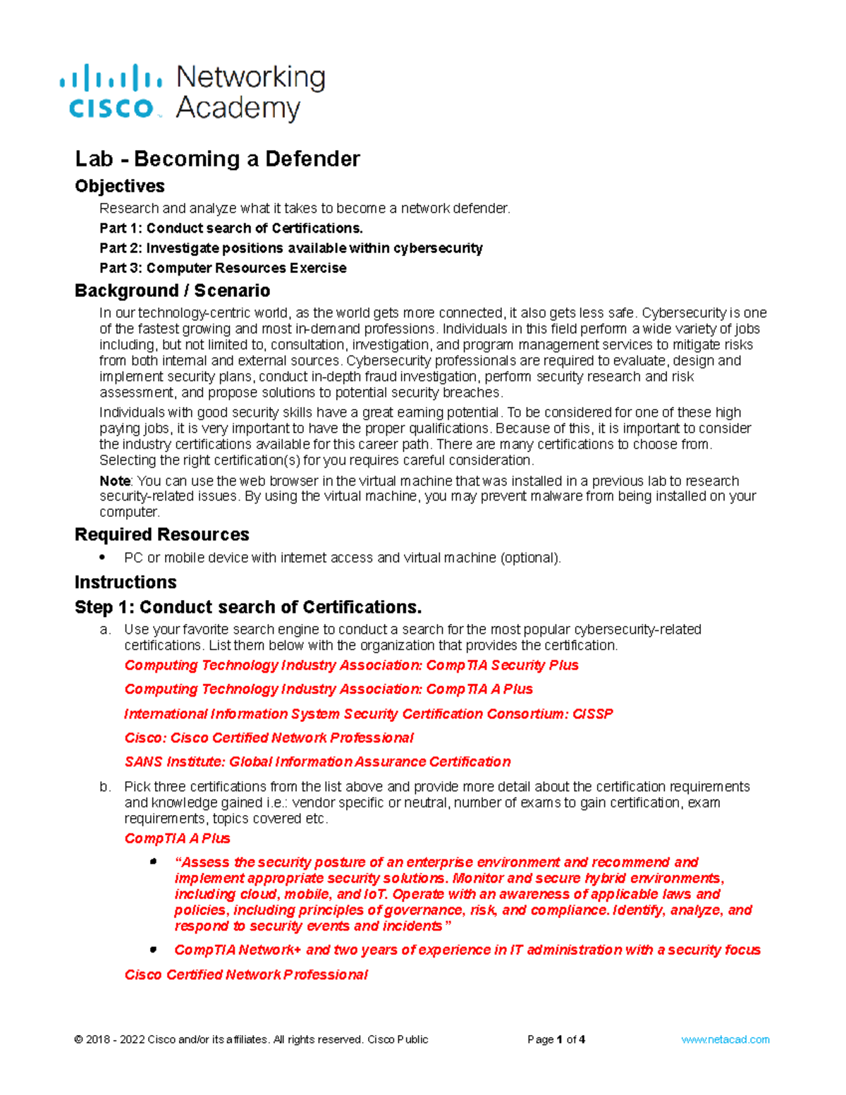 Cybersecurity Lab 2.2.5: Becoming a Network Defender & Certifications ...