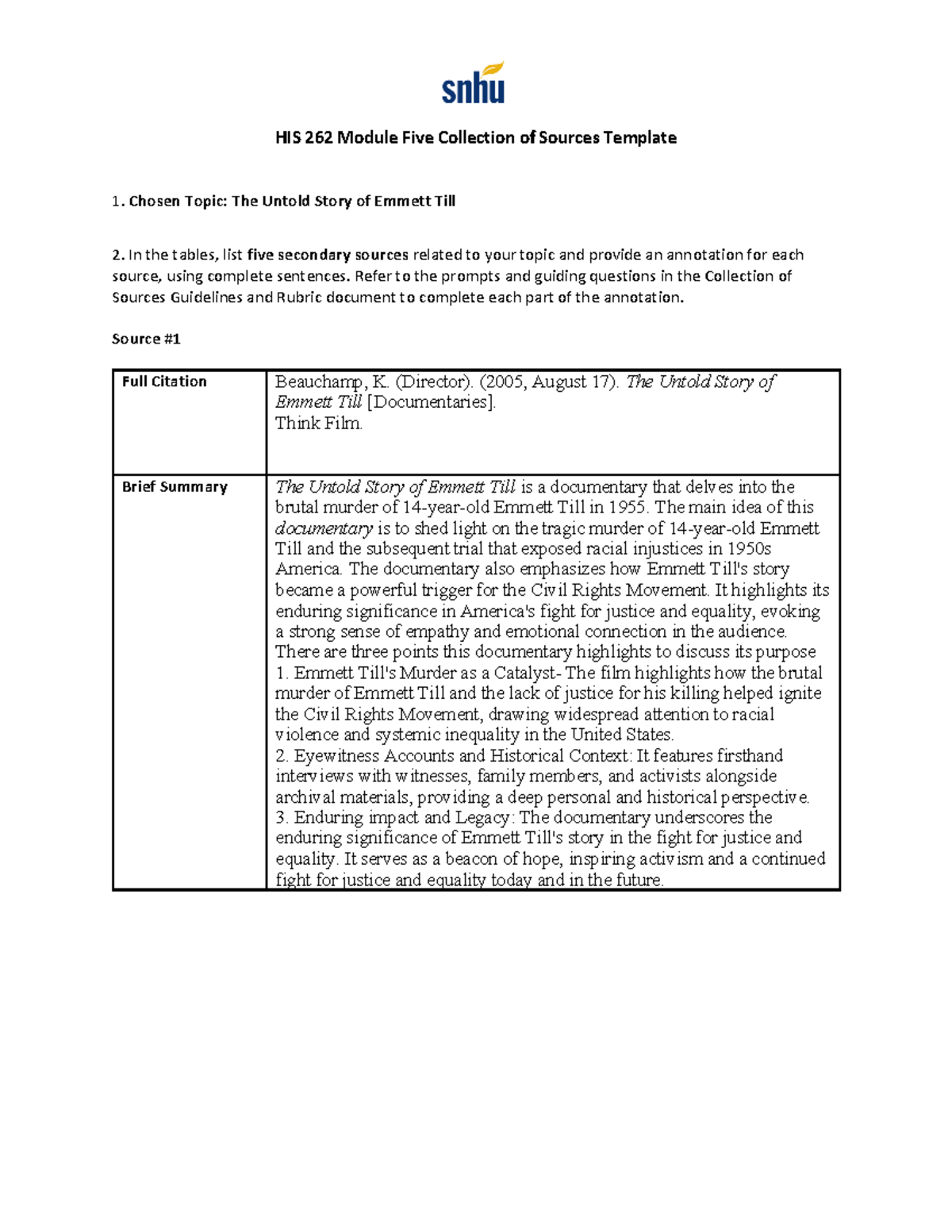 HIS 262 Module Five Annotated Source Collection: Emmett Till's Legacy ...