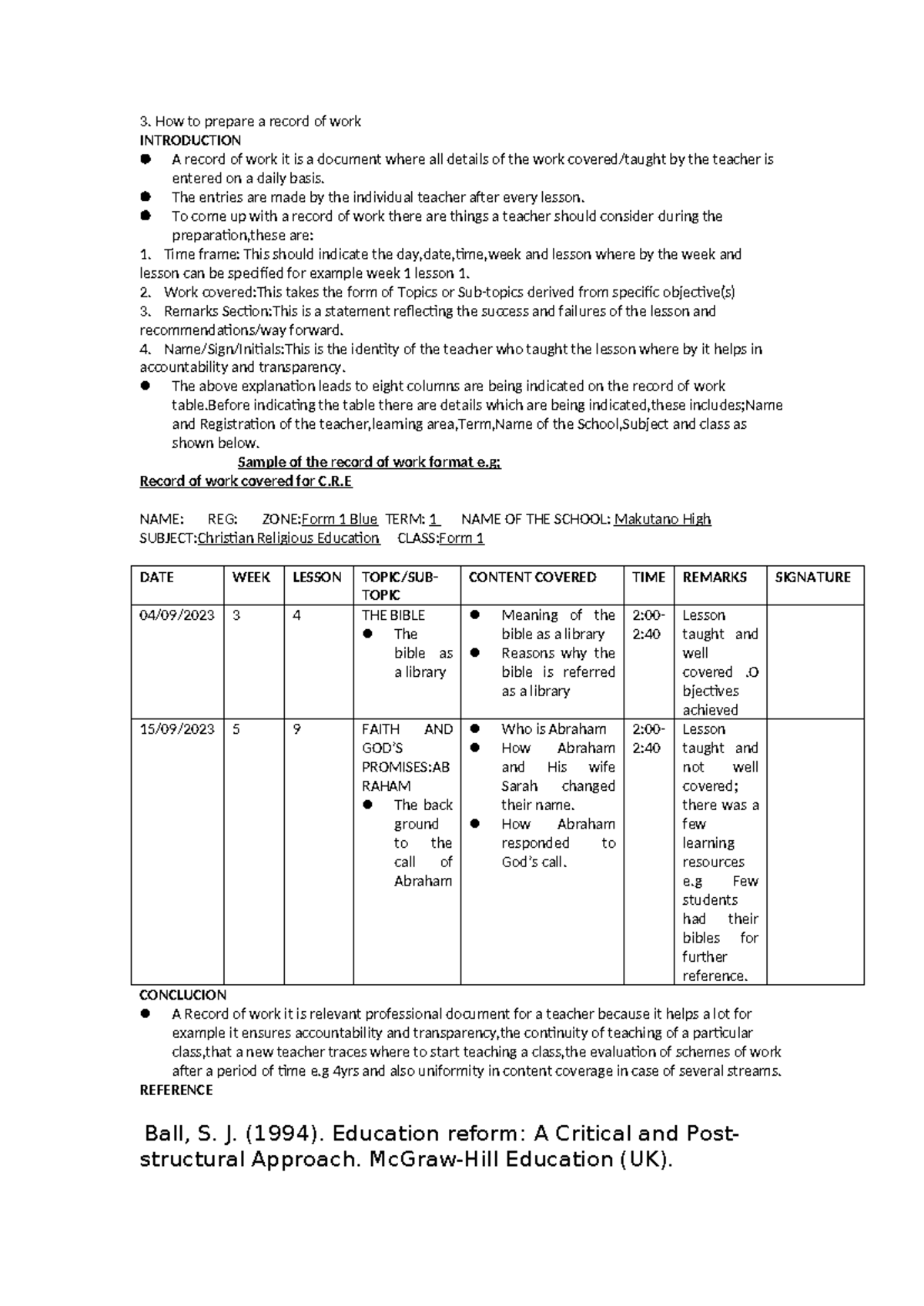 Record of Work Preparation Guide for C.R.E Form 1 - Lesson Notes - Studocu