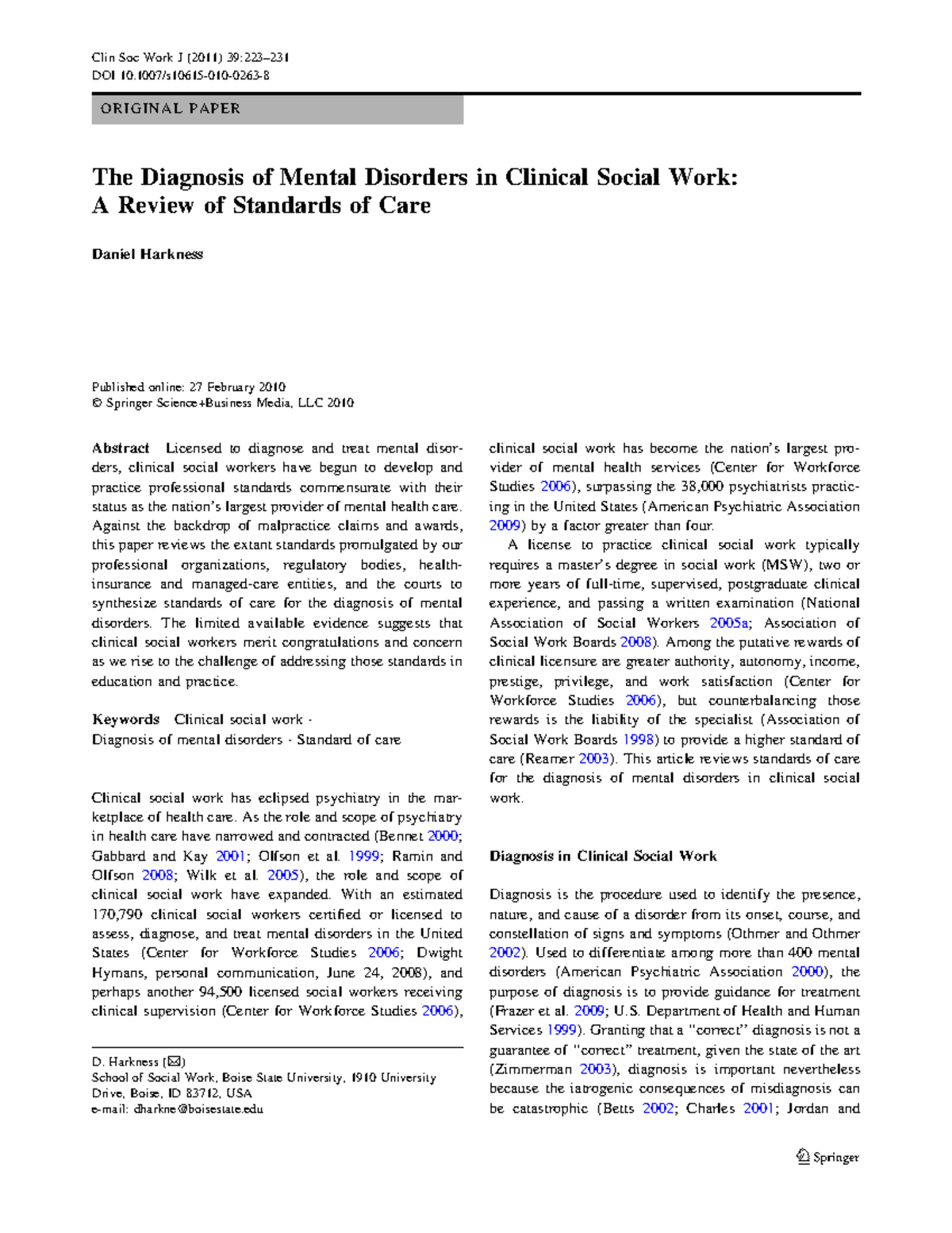 Standards of Care in Clinical Social Work: Diagnosing Mental Disorders ...