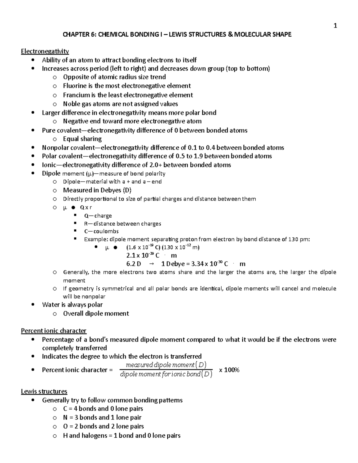 Chemistry 2015-10-12 chapter 6 notes - CHAPTER 6: CHEMICAL BONDING I ...