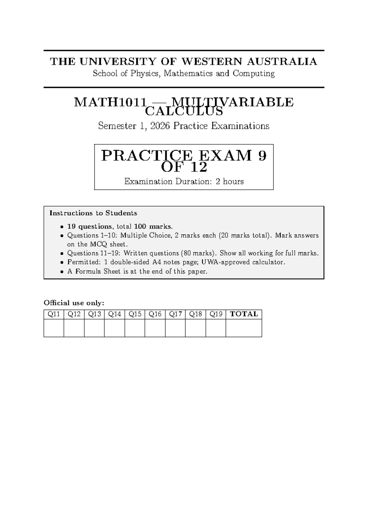 MATH1011 Semester 1, 2026 Practice Exam 9 - Multivariable Calculus ...