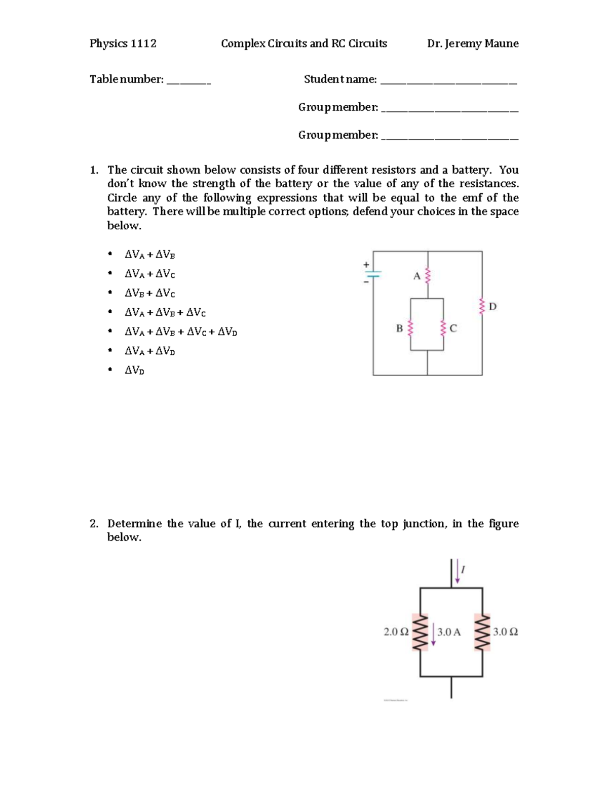 Physics 1112: Complex Circuits and RC Circuits Practice - Studocu