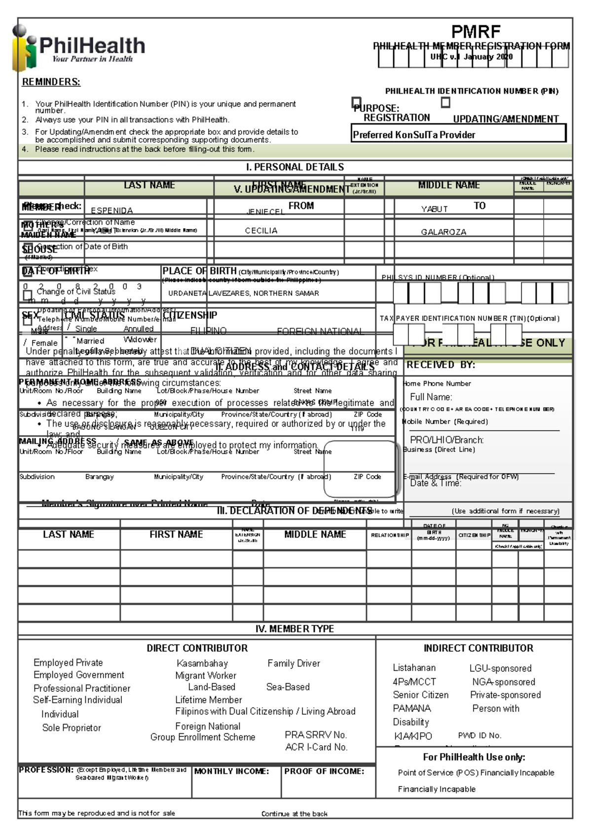 PMRF PHILHEALTH MEMBER REGISTRATION FORM UHC v.1 - January 2020 - Studocu
