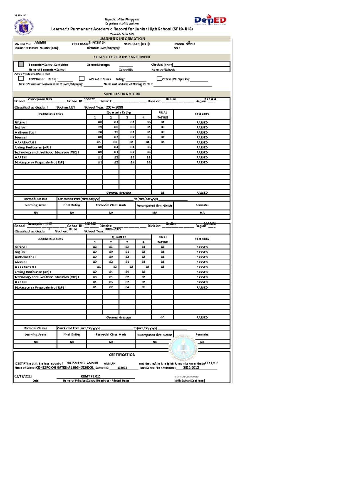 SF 10 Permanent Academic Record for Junior High School (Form 137) - Studocu