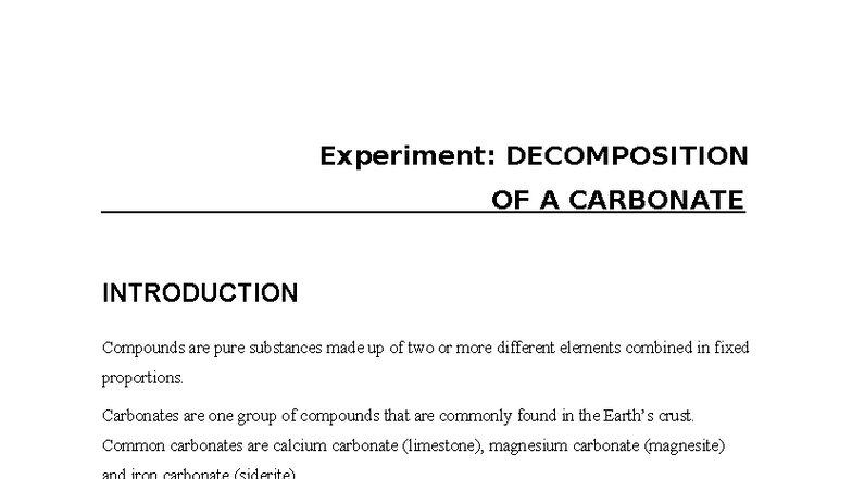 Experiment Analysis: Decomposition of Copper Carbonate (CHEM 101) - Studocu