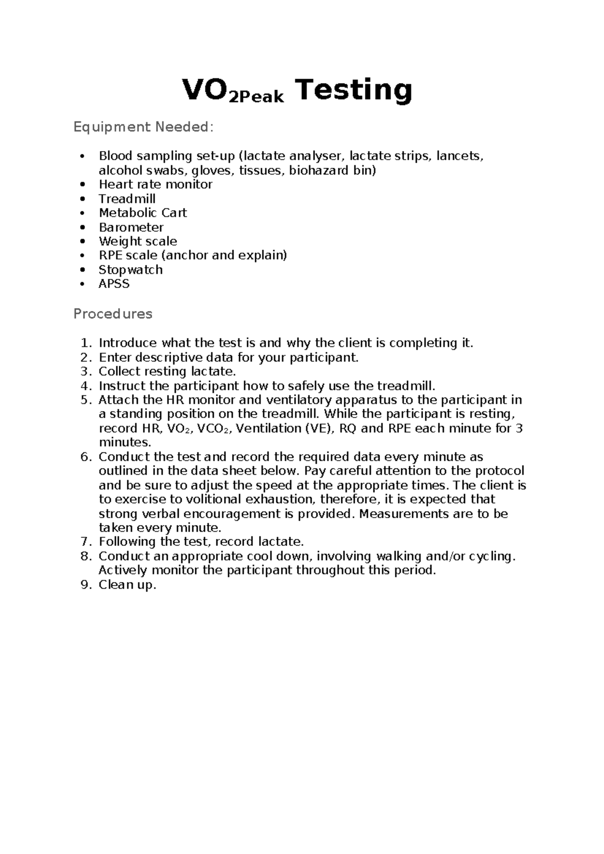 Physiological Test Procedures for VO2Peak & Pulmonary Function Testing ...