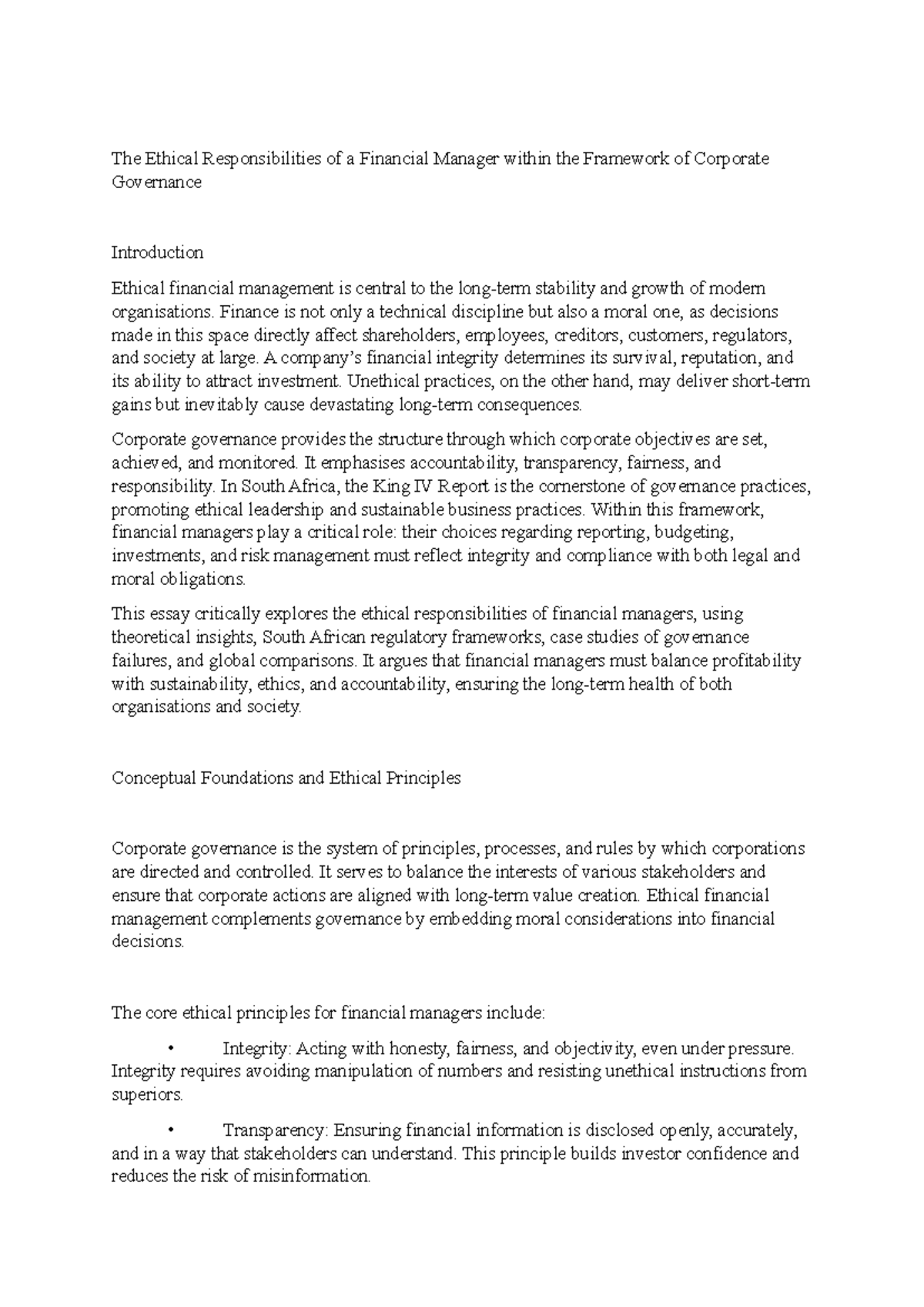 Ethical Responsibilities of Financial Managers in Corporate Governance ...