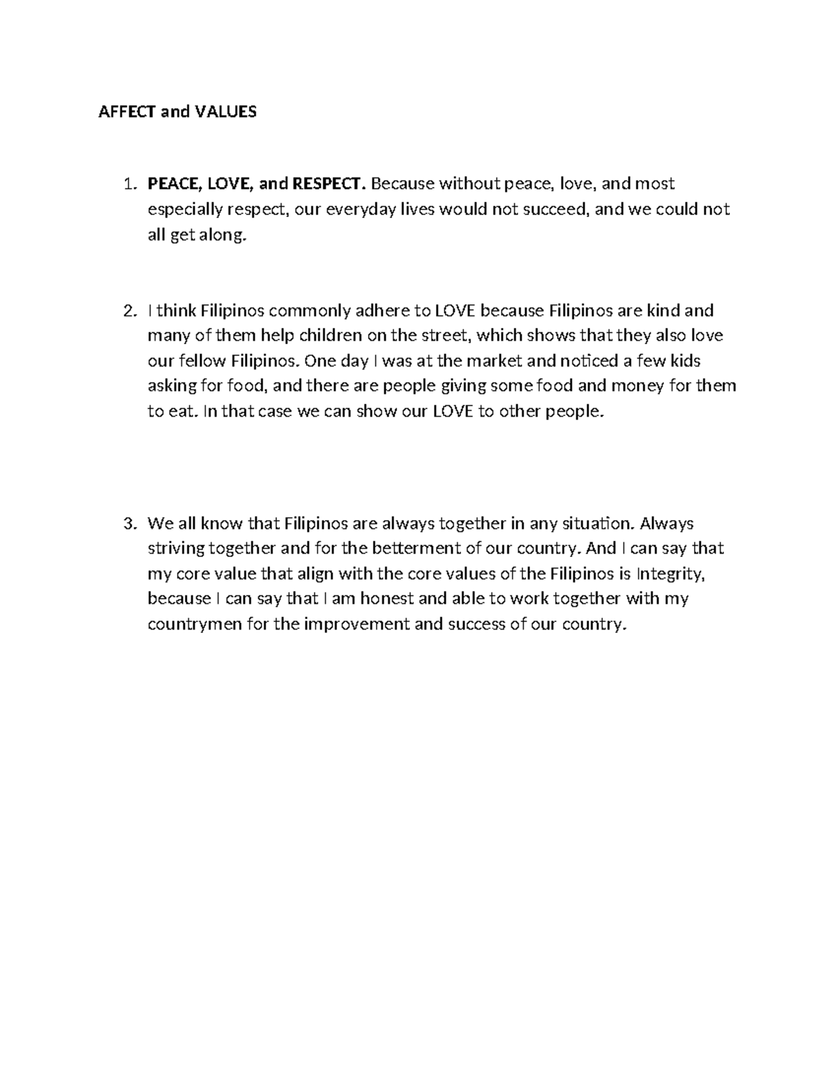 Affect and Values: Emphasizing Peace, Love, and Respect - Studocu