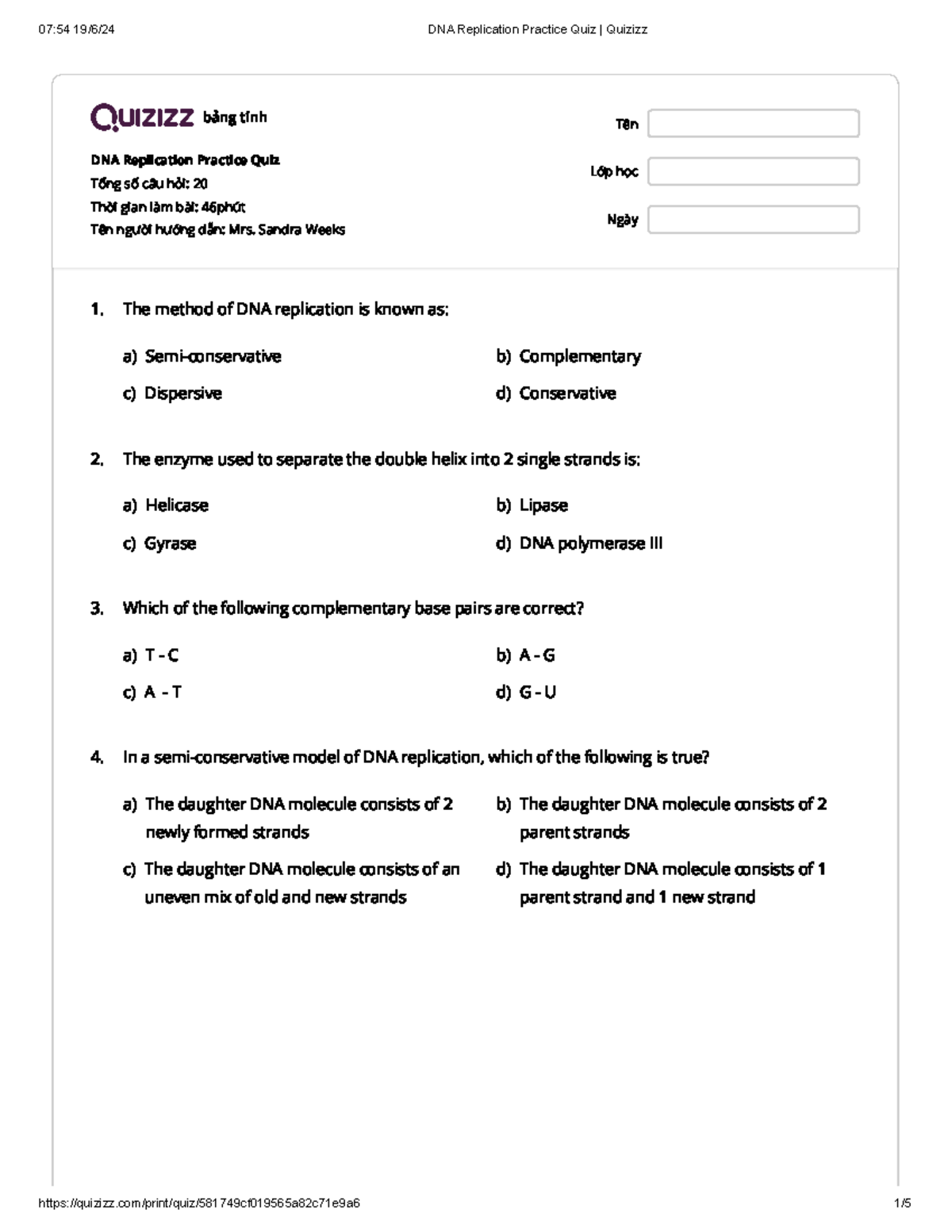 DNA Replication Practice Quiz Quizizz - bảng tính DNA Replication ...