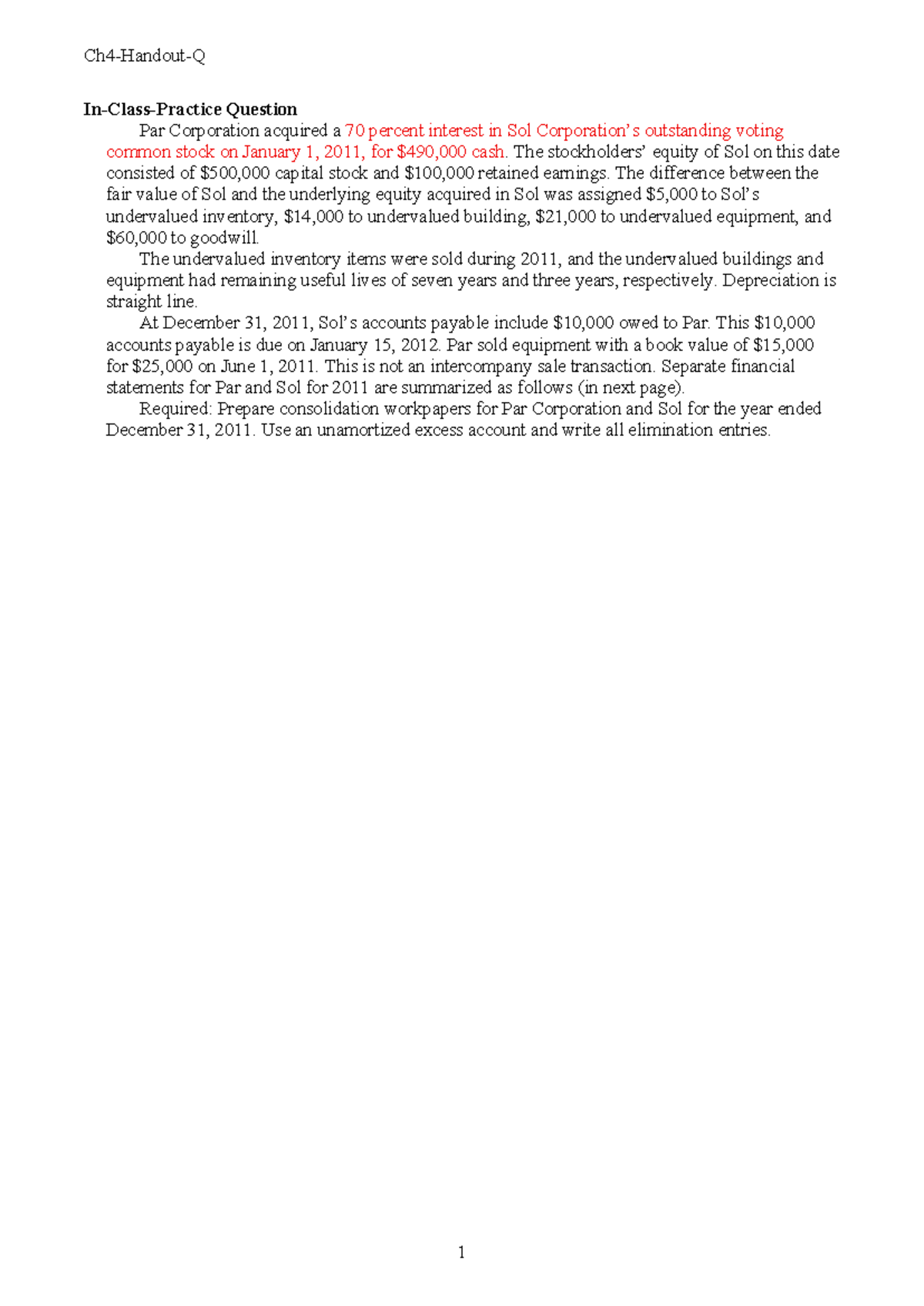 Consolidation Workpapers for Par Corp & Sol - Ch4 Handout 4 - Studocu