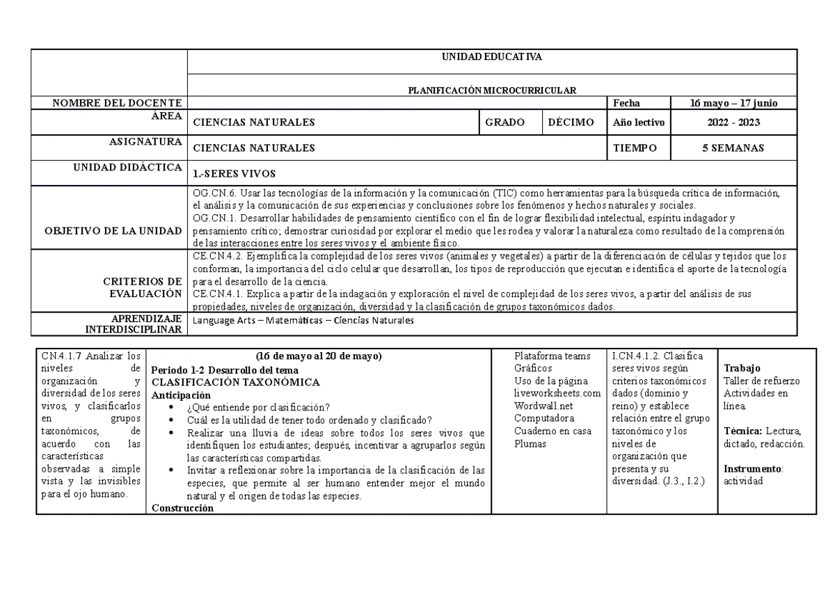 Ejemplo de planificación microcurricular con base al Diseño Universal para el Aprendizaje y las ...