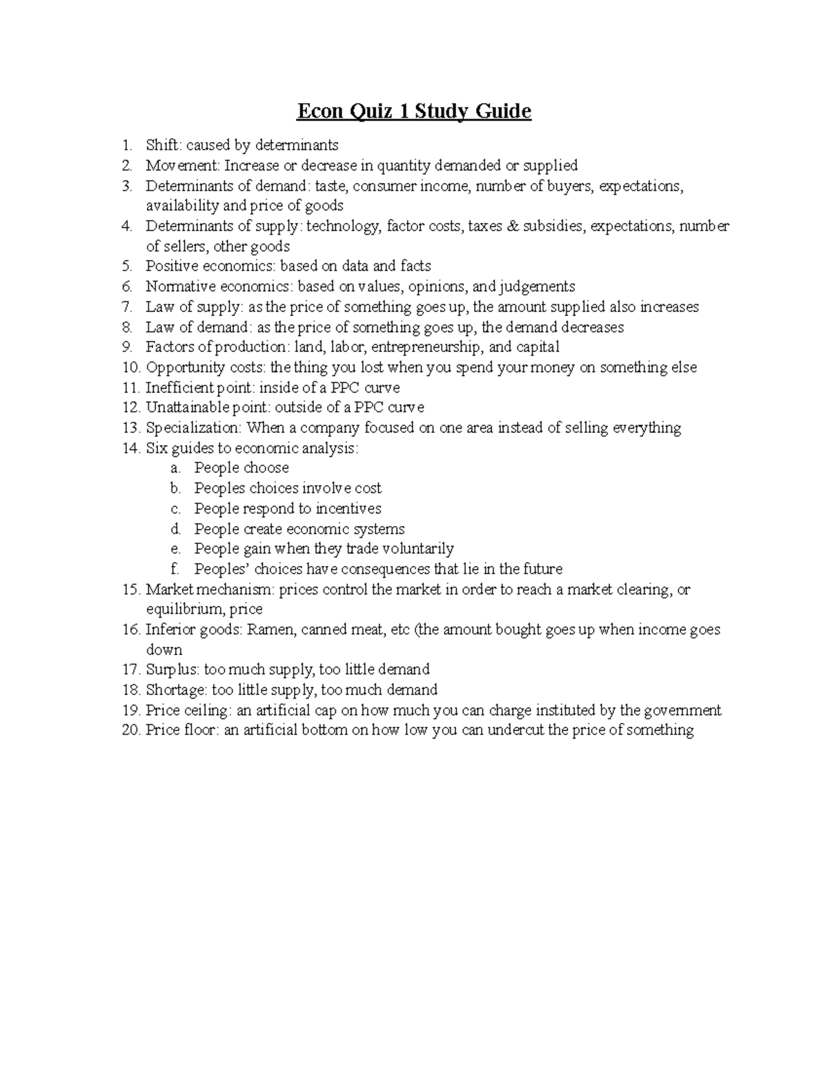 Econ 101 Quiz 1 Study Guide - Lecture Notes Summarizing Concepts - Studocu