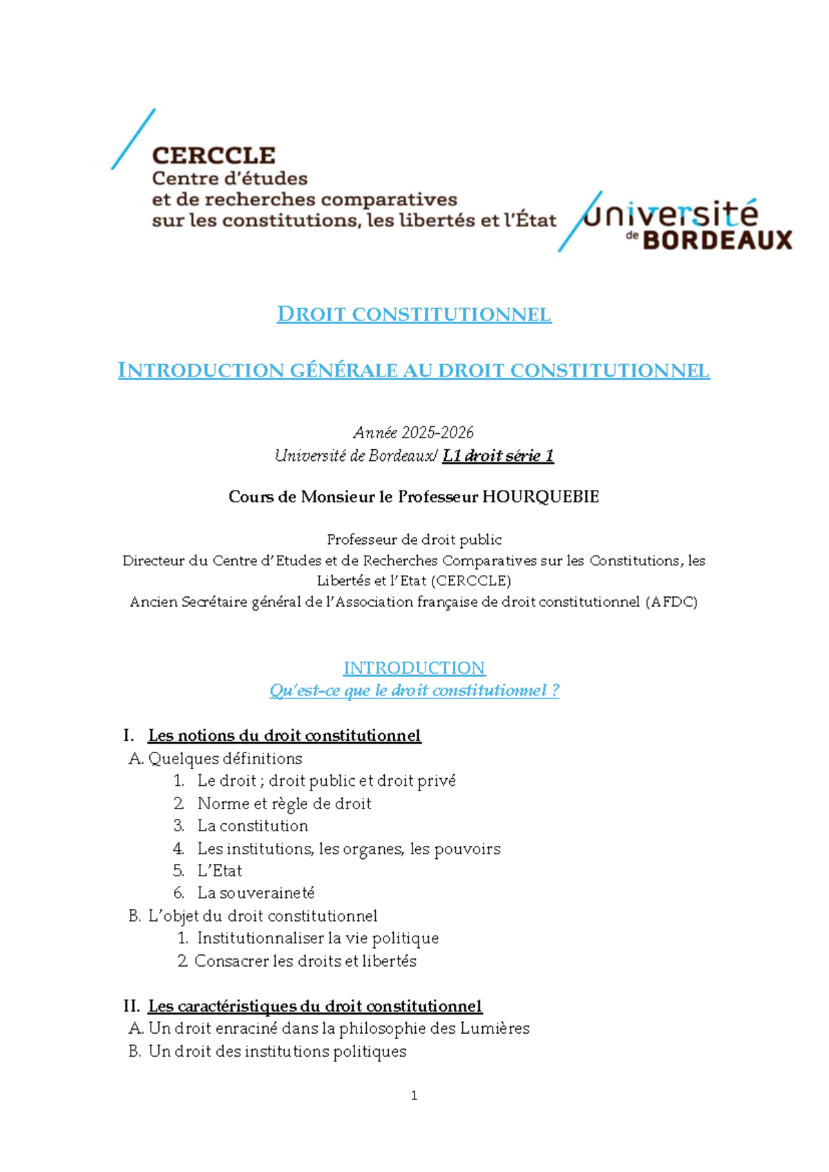 PLAN DU COURS DE DROIT CONSTITUTIONNEL - L1 Droit, Série 1 (2025-2026 ...