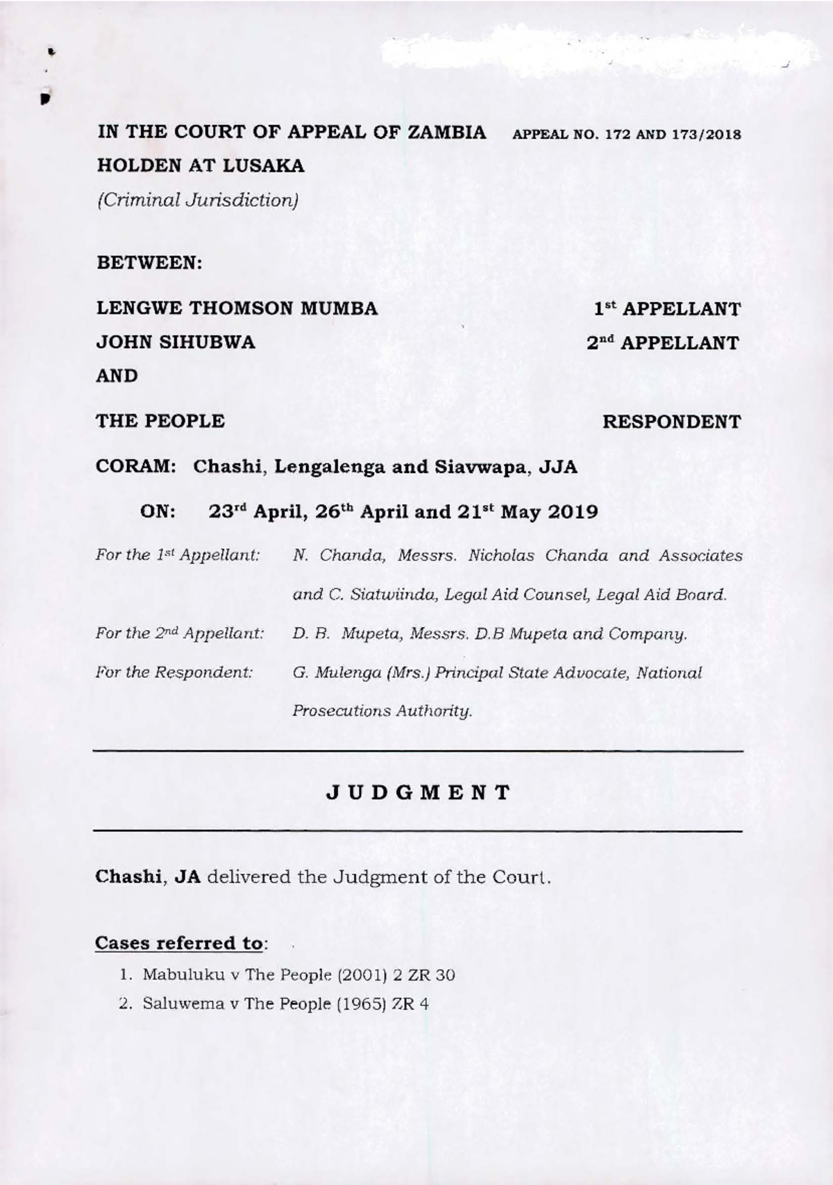 Case Study: Keith Akekelwa Mukata v The People (2019) ZMCA 63 - Studocu