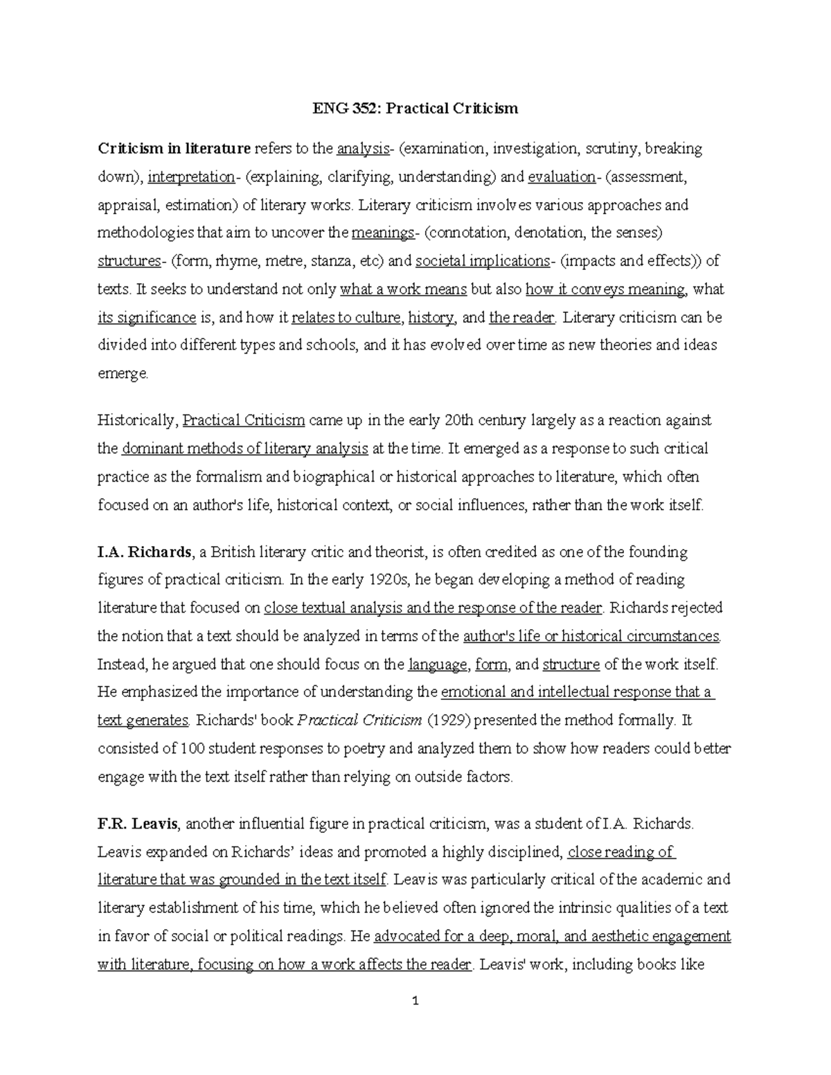 ENG 352: Comprehensive Notes on Practical Criticism in Literature - Studocu
