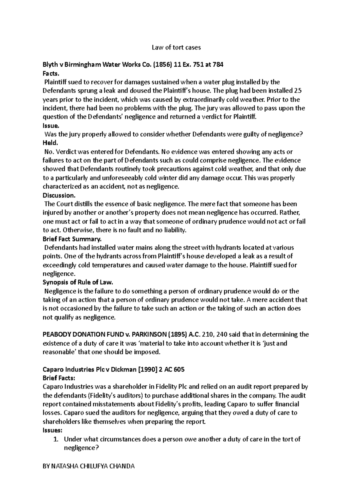Law of Tort Cases: Key Judgments & Principles (Final Exam) - Studocu