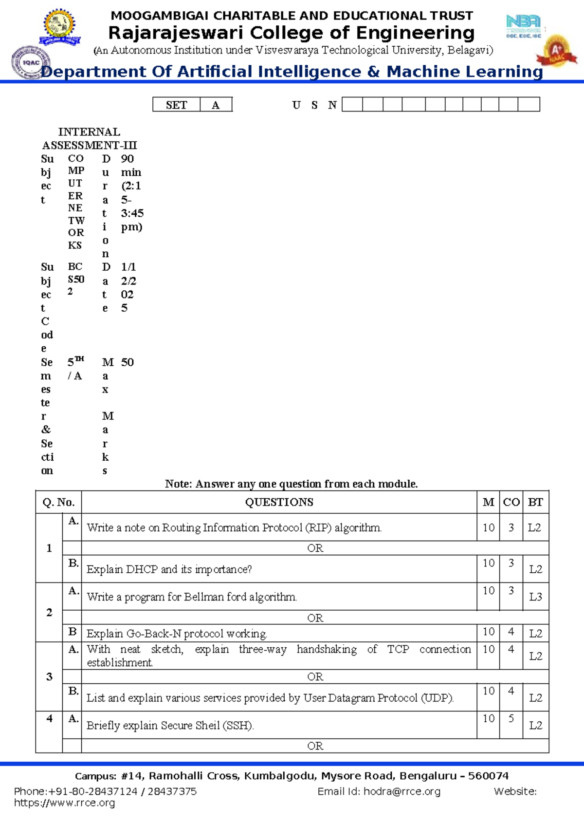 BCS502 Internal Assessment 3 Question Paper - Computer Networks - Studocu