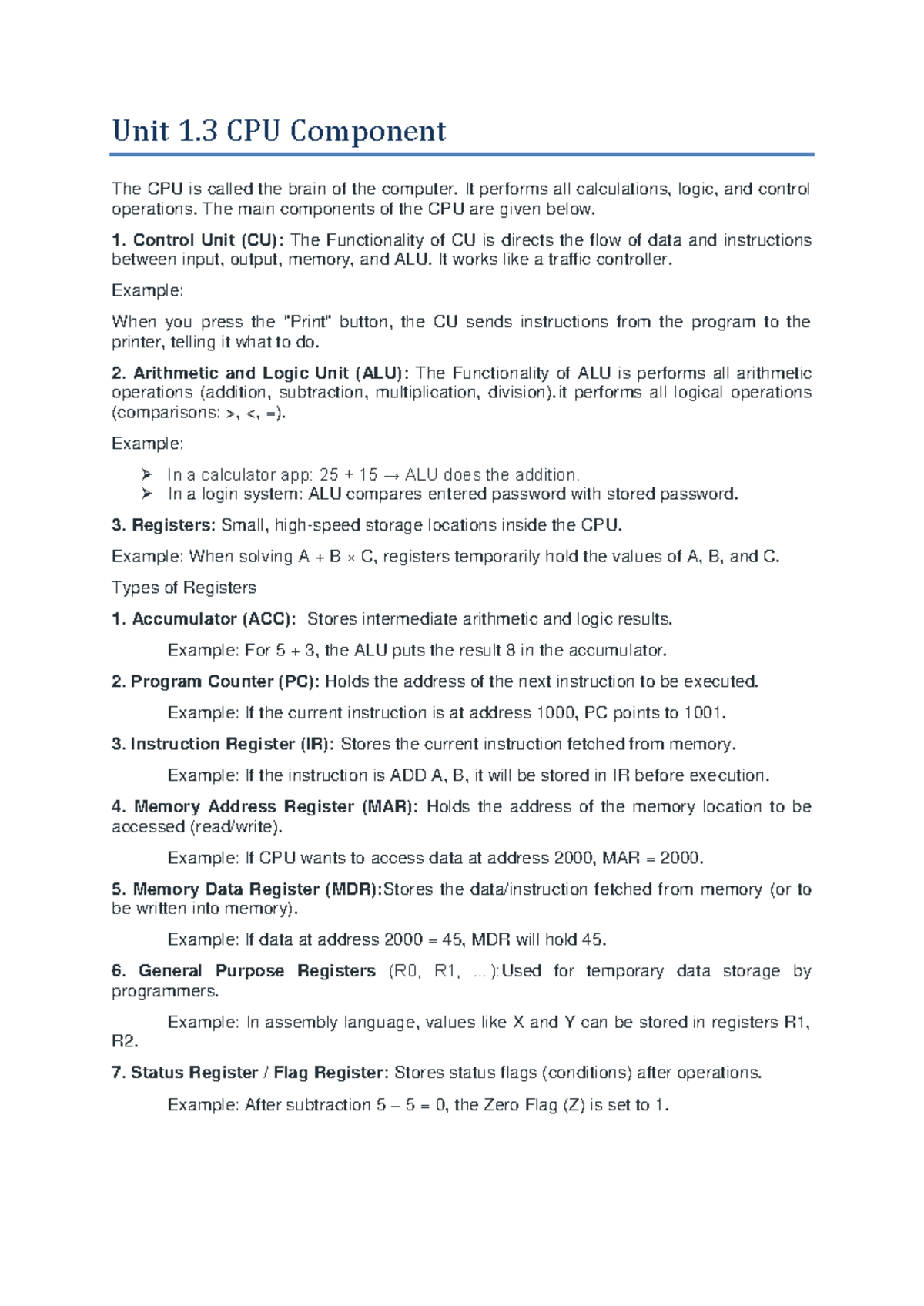 Unit 1.3: Components of the CPU - Computer Fundamentals - Studocu