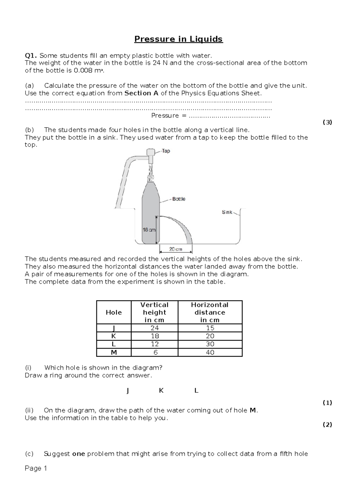 Fluid Pressure: Experimental Questions and Analysis (Physics) - Studocu