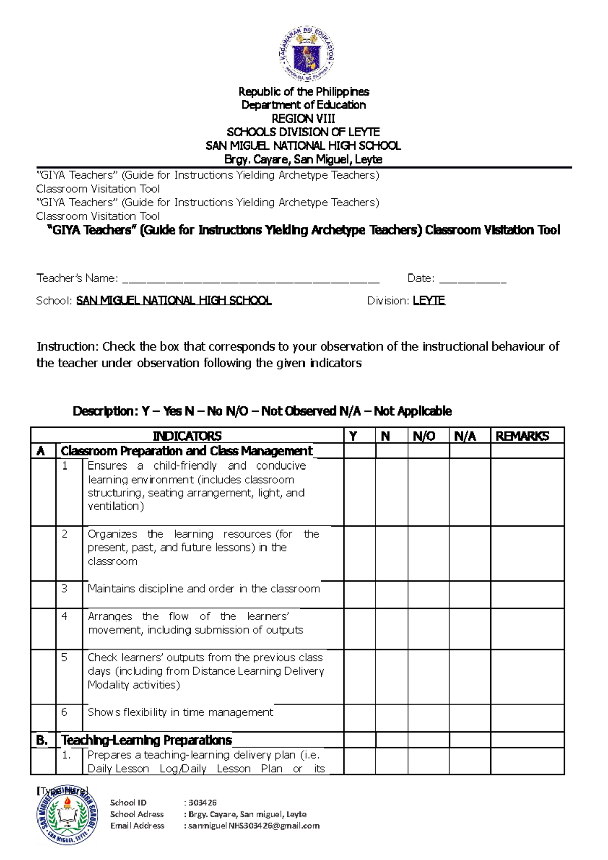 GIYA-TOOL-2023 - Classroom Visitation Tool for Teacher Assessment - Studocu